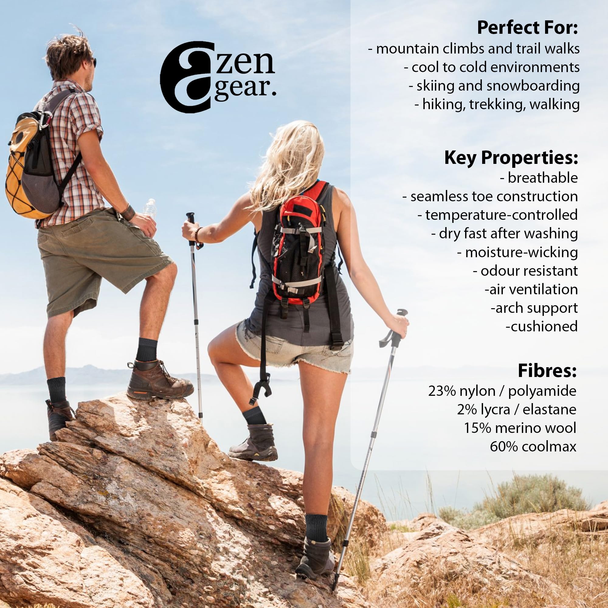 aZengear Premium Coolmax Merino Wool Hiking Socks for Men & Women - Trekking - Seamless Toe - Cushioned - Breathable & Soft - L