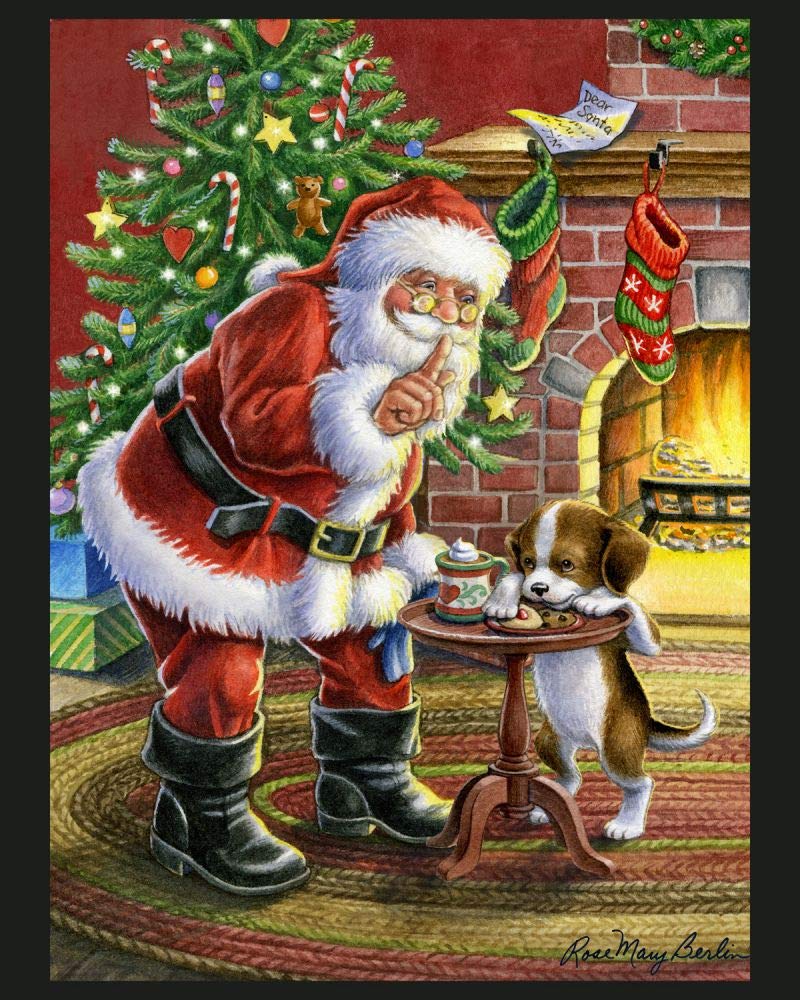 Cookie Thief by Rose Mary Berlin - Christmas Digitally Printed Panel Fabric - Santa Puppy Christmas Tree - 100% Cotton