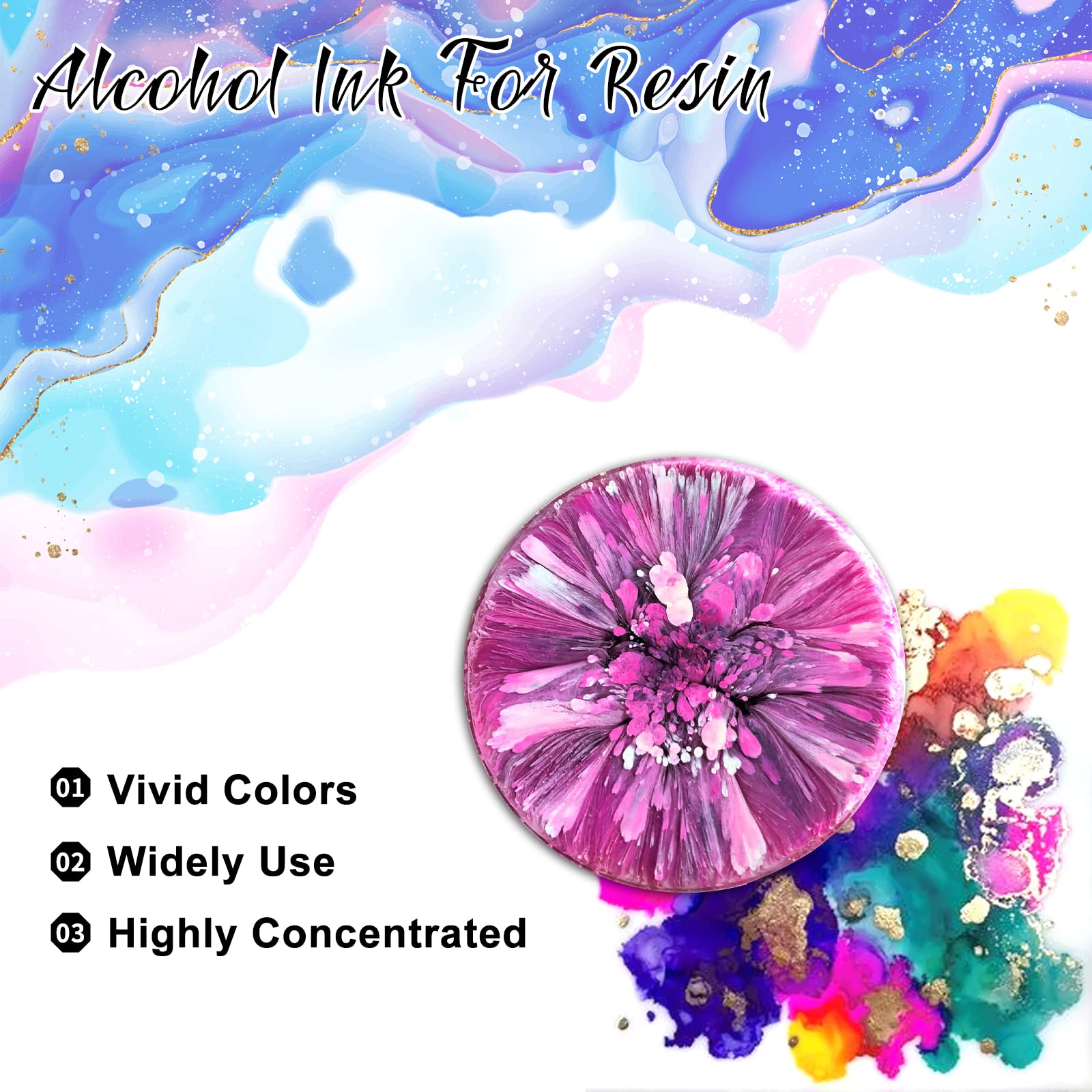 Alcohol Ink Set - 48 Vivid Colors, Concentrated Alcohol-Based Ink, Epoxy Resin Paint with Metallic Color Dye for Resin Coasters, Acrylic Painting, Tumbler Making,10ml Each