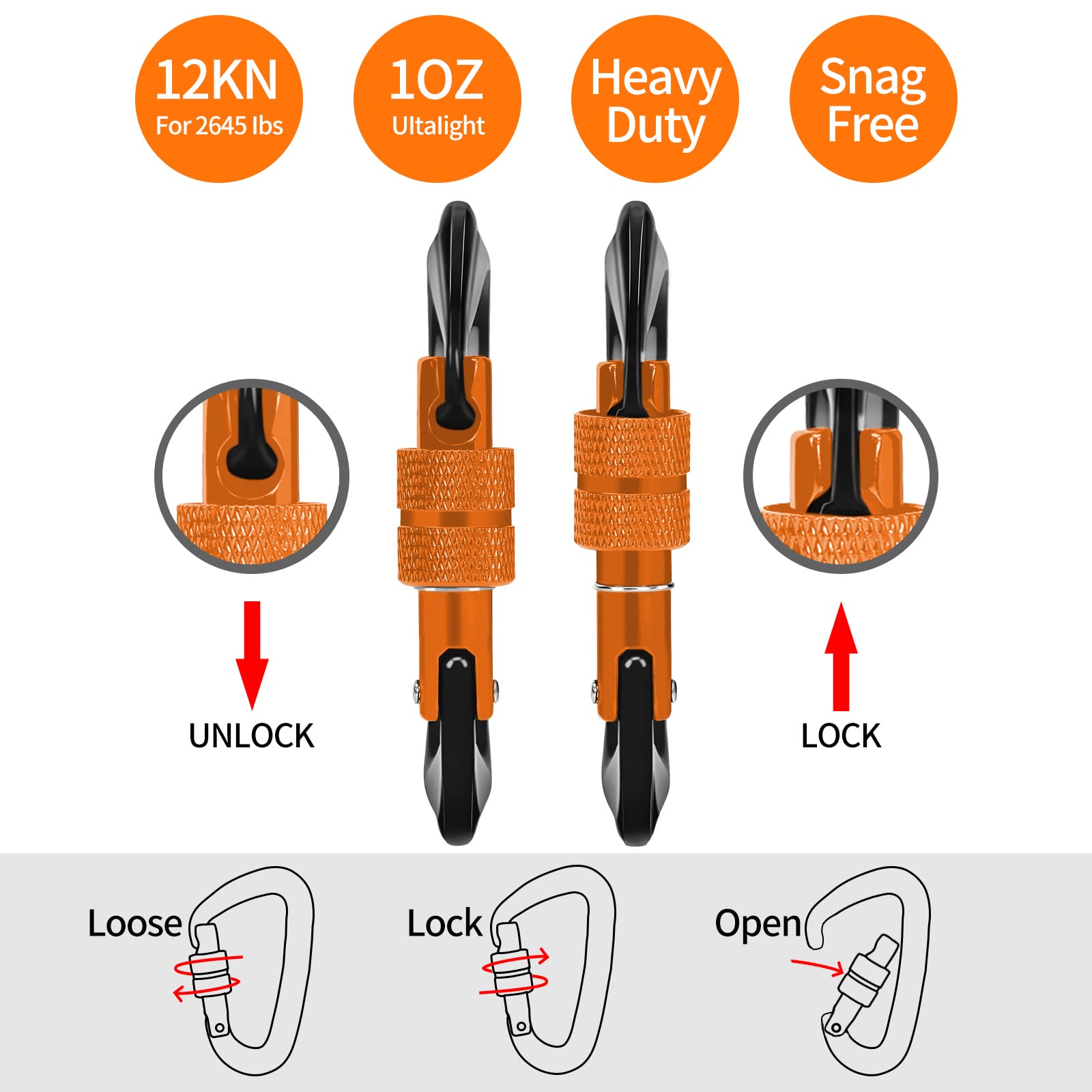 B-Mardi Carabiner Clips Heavy Duty 12kN (2697 lbs)-Lightweight Locking Carabiners for Camping, Hiking, Hammock, Dog Leash Harness, Outdoor and Gym etc, Keychains& Utility 