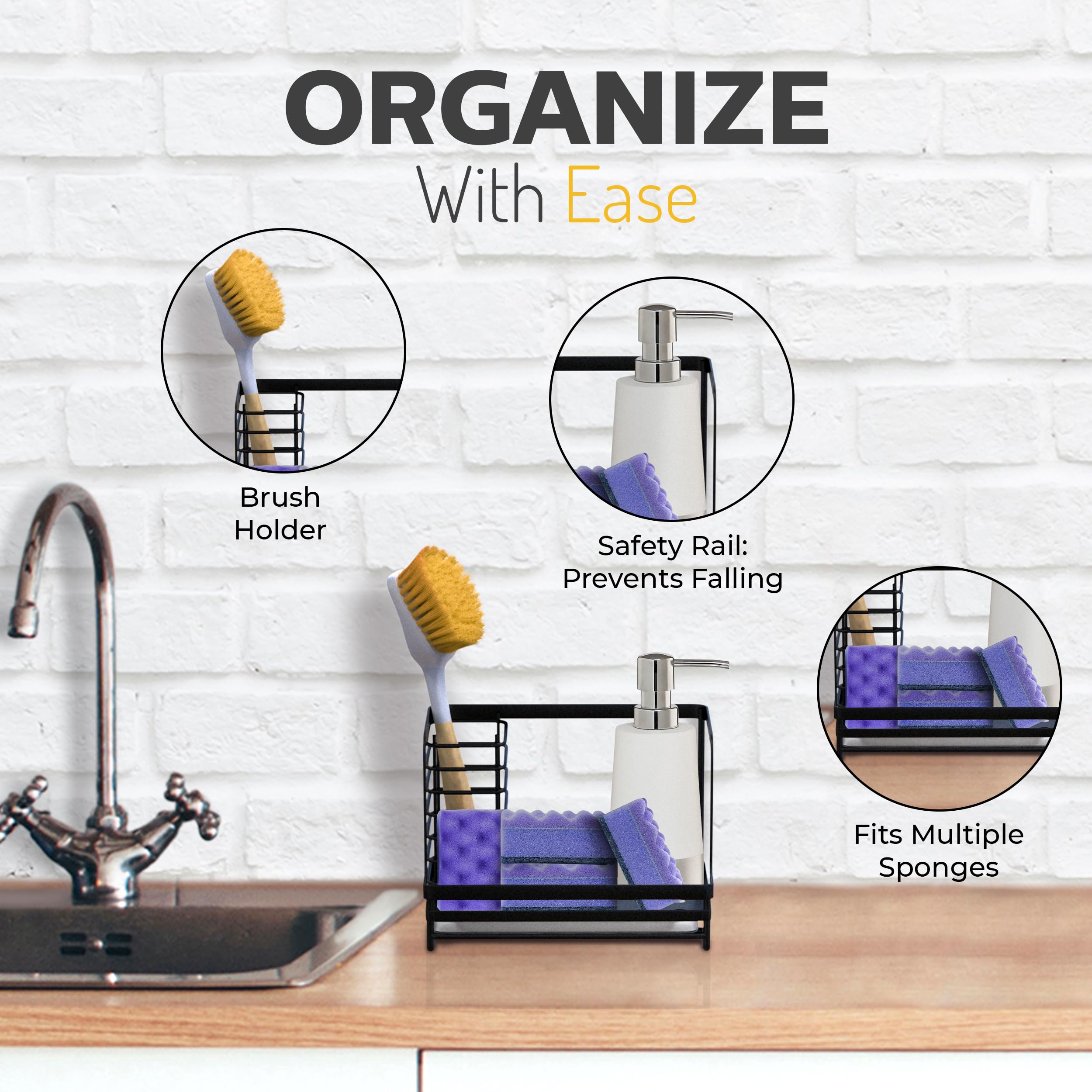Aristeia Home Kitchen Sink Caddy Organizer - Stainless Steel Kitchen Sink Organizer with Drip Tray, Versatile Sponge Caddy for Kitchen Sink with Scrub Brush Included - Black