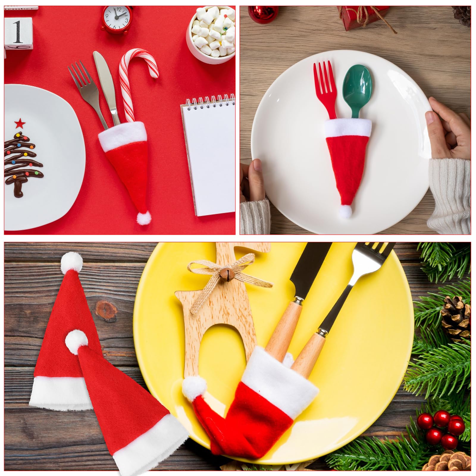 Amaxiu Christmas Cutlery Holders, 20pcs Christmas Santa Hats Silverware Holders Mini Cutlery Storage Bags for Xmas Dinner Table Pocket Dinnerware Decorations Flatware Supplies for Knifes Forks Spoon