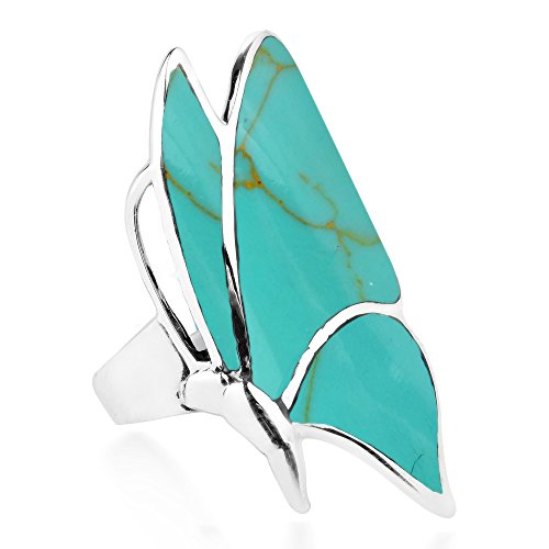 AeraVida Flying Monarch Butterfly Simulated Turquoise Inlay Stone .925 Sterling Silver Ring (6)
