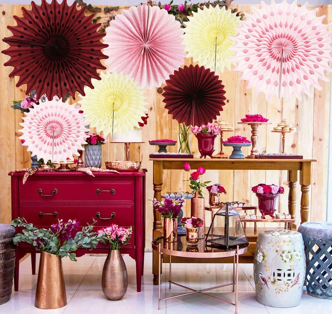Burgundy Pink Birthday Party Decorations/Fall Bridal Shower Decorations/Valentines Day Decor/7pcs Burgundy Cream Pink Pinwheels Tissue Paper Fans Fall Bachelorette Party Decorations/Burgundy Wedding
