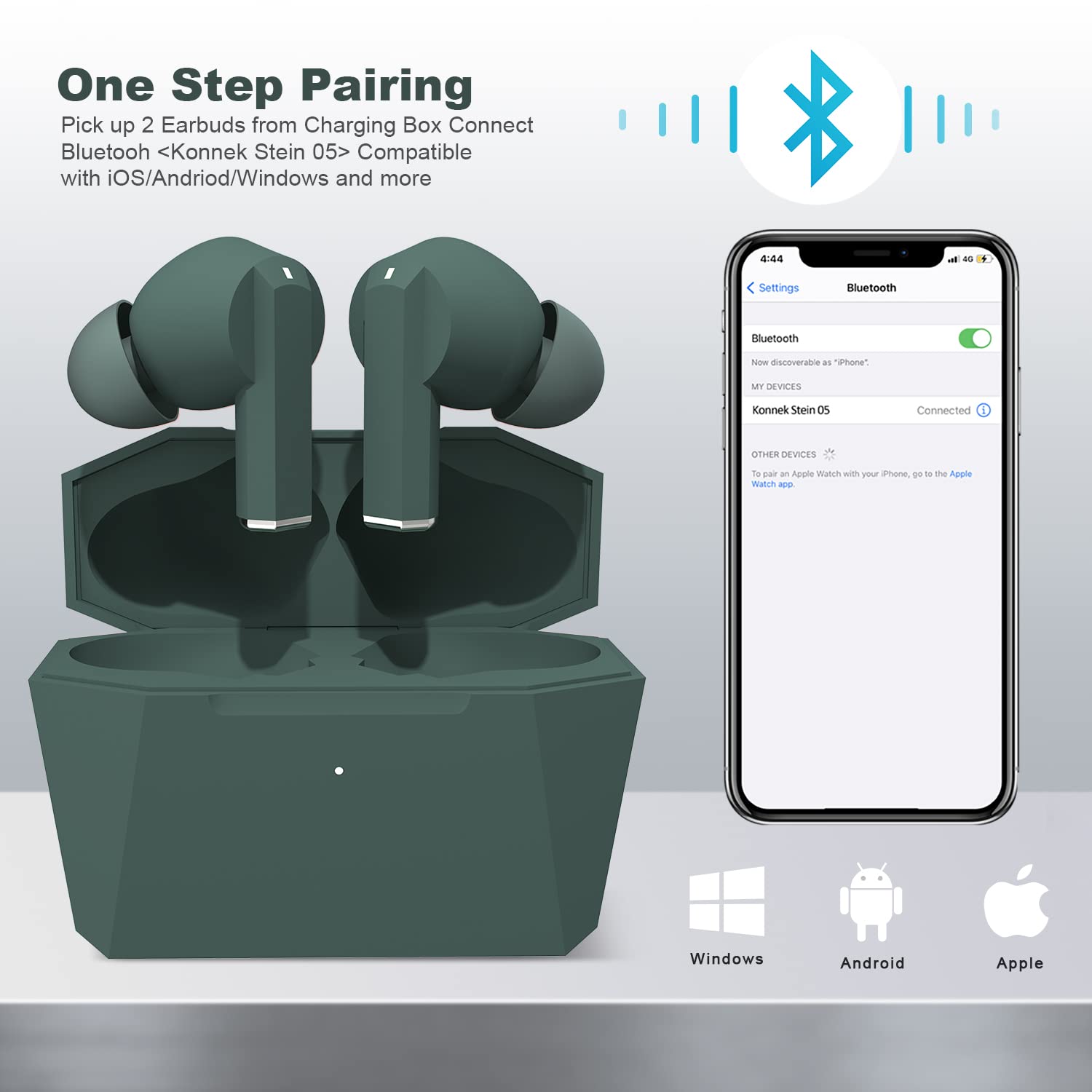 Konnek Stein Wireless Earbuds Bluetooth 5.0 Headphone, Type-C Charging Case 320mAh, Touch Control, Built-in Mic Active Noise Cancelling True Wireless Earbud - Green