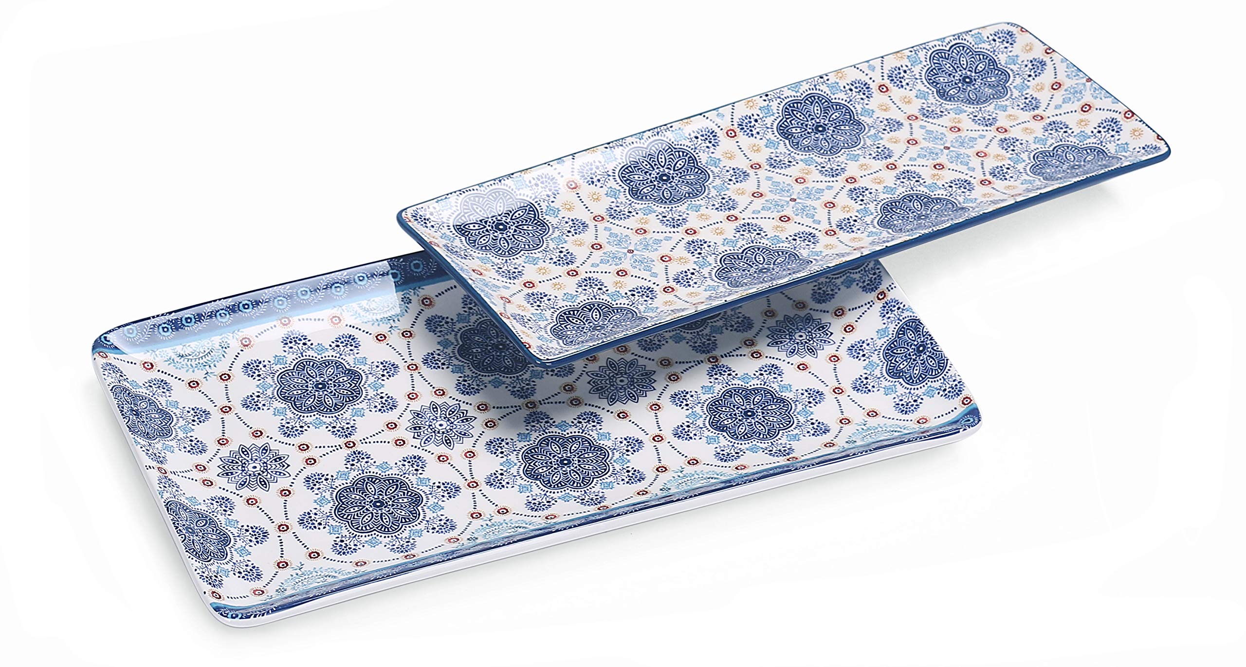 Bico Blue Talavera Ceramic 14 inch Rectangular Serving Platter, Set of 2, for Serving Salad, Pasta, Cheese, Ham, Appetizer, Microwave & Dishwasher Safe