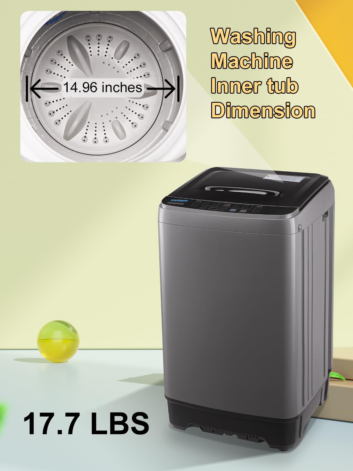 KRIB BLING Full-Automatic Washing Machine with LED Display, 17.7 lbs Portable Compact Laundry Washer with Drain Pump, 10 Wash Programs 8 Water Levels, Grey, XQB201A-GREY 177