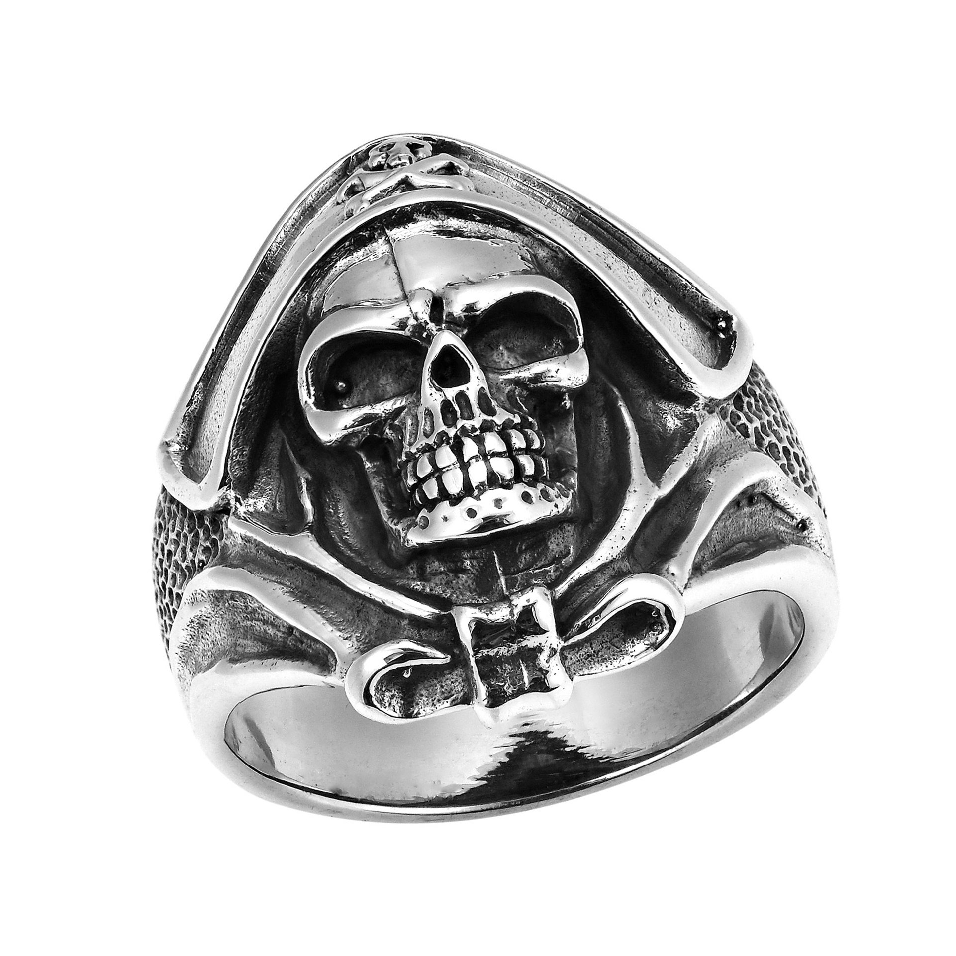 AeraVida Gothic Buccaneer Pirate Skull Head .925 Sterling Silver Biker Ring - (11)