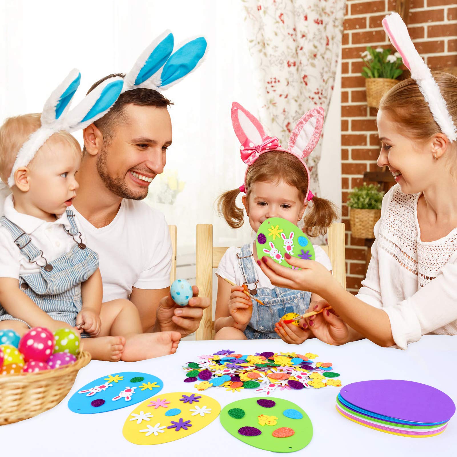 Konsait Bulk 208pcs Easter Foam Eggs Stickers, Bunny Chicken Self-Adhesive Foam Easter Eggs Shapes Stickers for Kid's Art DIY Craft Scrapbooks Supplies Easter Party Decor