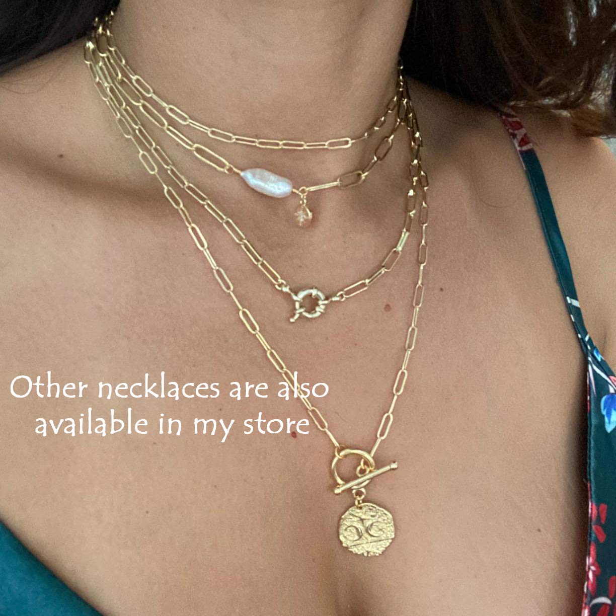 Aobei Pearl Moon and Star Medallion Pendant Necklace 18k Gold Oval Link Chain Choker Large Celestial Charm Layering Jewelry 20ββ