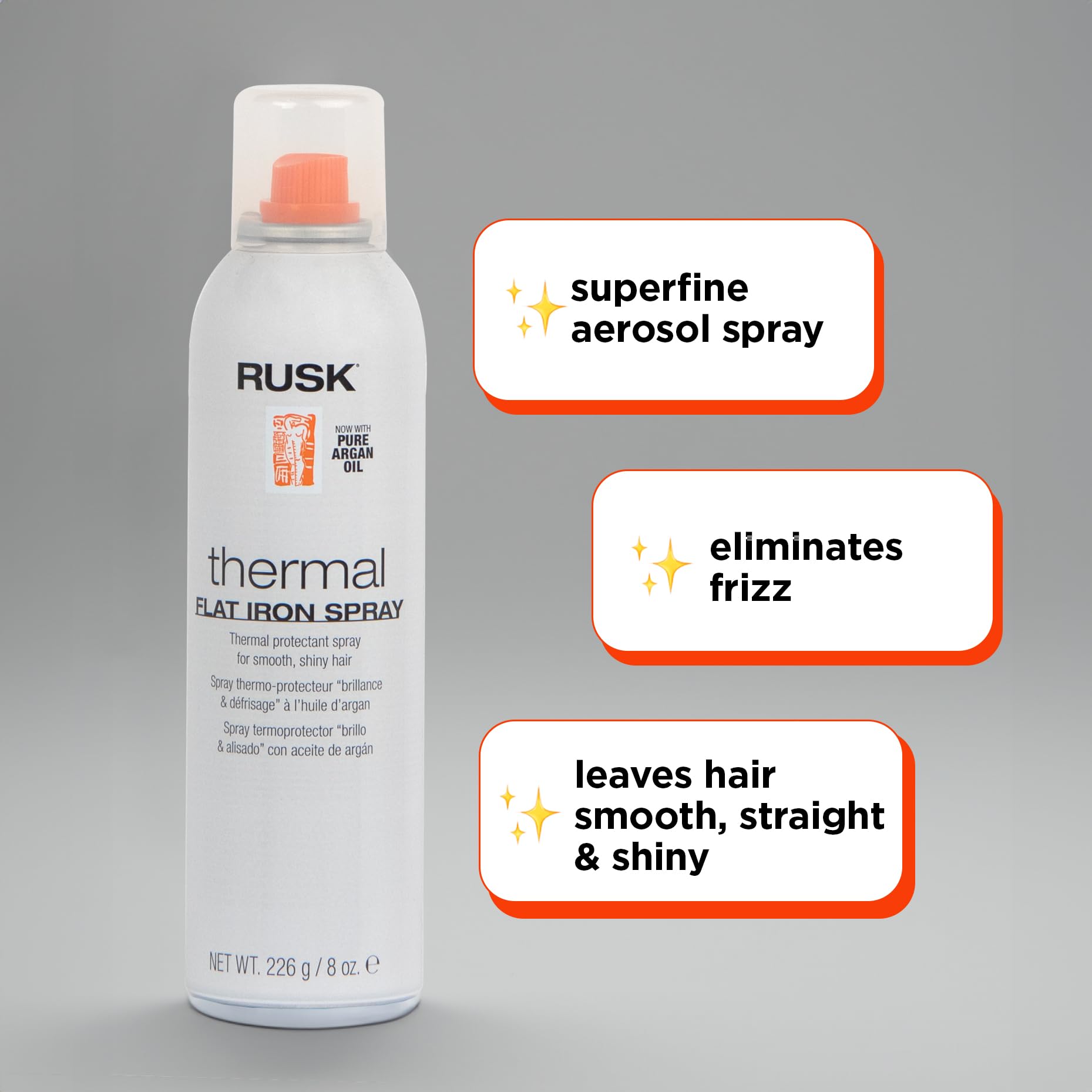 RUSK Designer Collection Thermal Flat Iron Spray with Argan Oil, 8.8 fl. Oz, Thermal Protectant Micro-Fine Styling Spray, Formulated to Eliminate Frizz and Leave Hair Silky and Shiny