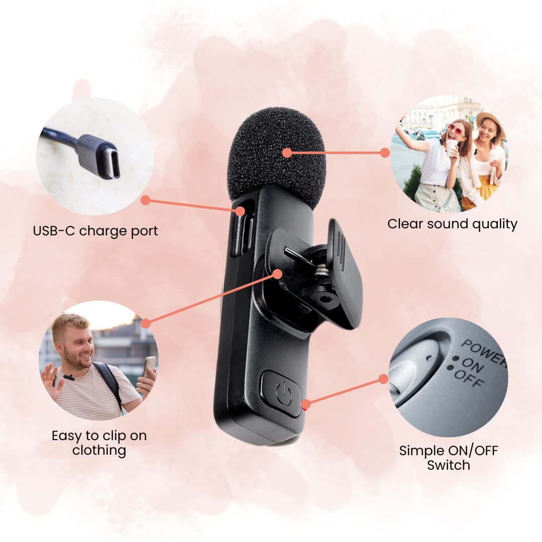 APLIXZI Wireless Lavalier Microphone for iPhone, iPad, Android & Laptop (Set of 2), 2.4GHz Mini Microphone for Video Recording, YouTube, TikTok, Vlogging, Interviews, Plug and Play, Noise Reduction