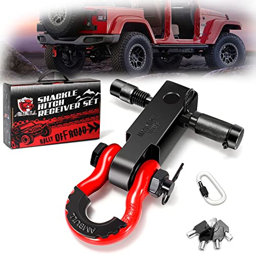 AMBULL Shackle Hitch Receiver & Towing Hitch Lock, with 3/4 Inch D-Ring Shackle, 2 Insurance Pins, Weatherproof Anti-Theft Lockable Heavy Duty Solid Recovery Kit - Red