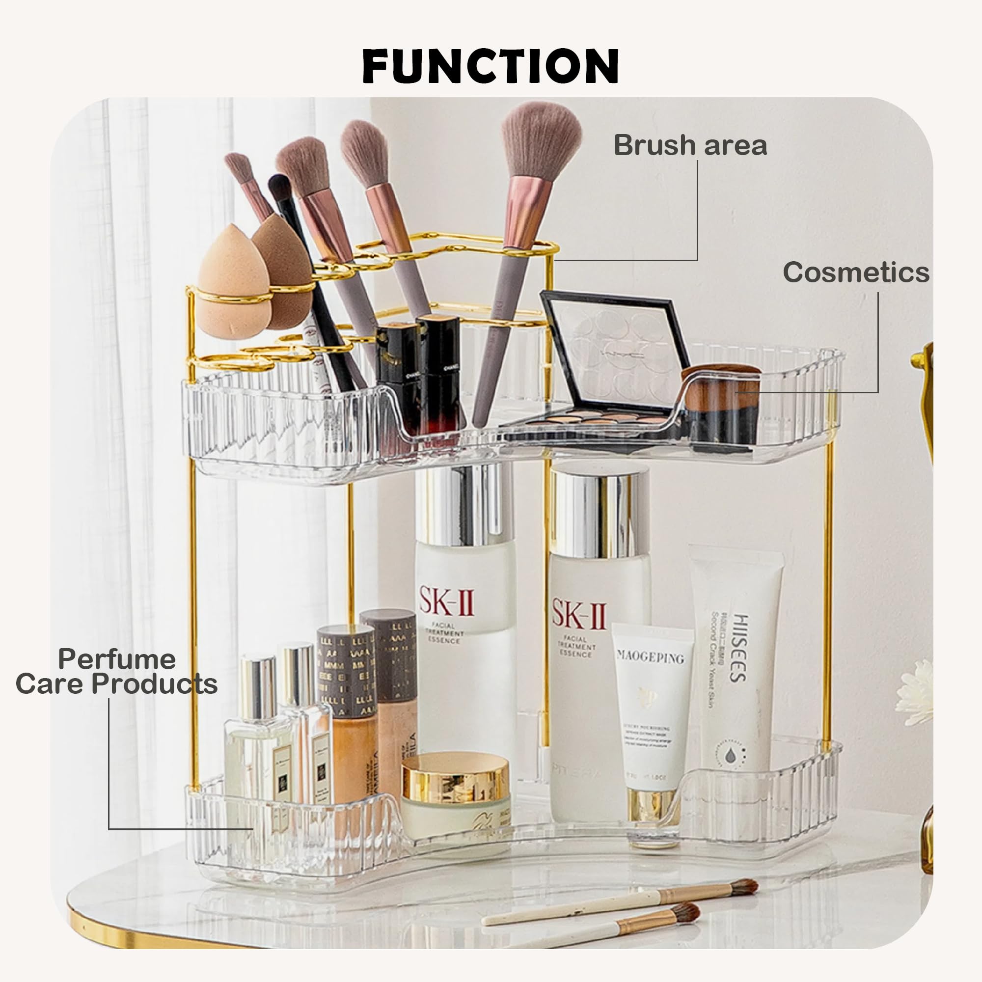 FUYOTILY 2-Tier Bathroom Counter Organizer, Multi-Purpose Makeup Organizer Countertop, Large Skincare Organizers, Exquisite Vanity Organizer with Makeup Brush Holder (Clear)