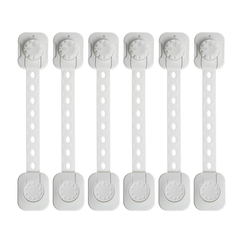 Baby Safety Locks (White, 6 Pack) for Drawers, Cabinets, Fridge, Oven and Toilet, Adjustable Strap Length, 3M Adhesive and Double Locking Protection, SANBRAGE Baby