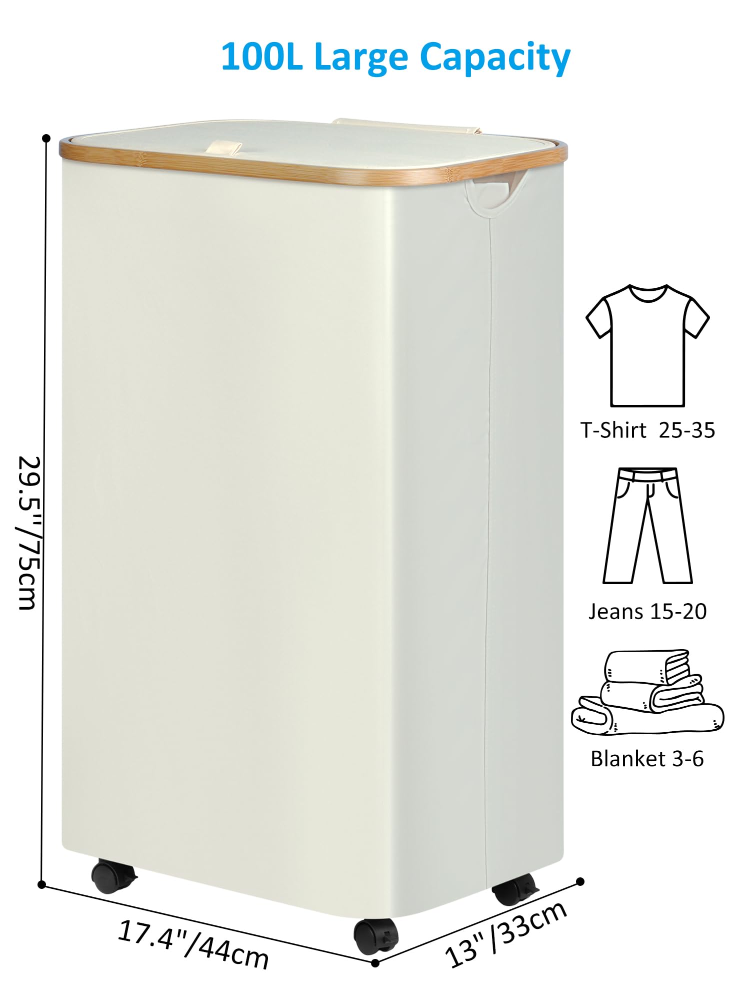 efluky Laundry Hamper with Wheels, Rolling Laundry Hamper with Lid and Removable Bag, Collapsible Dirty Clothes Hamper with Wheels for Laundry Room, Bedroom & Bathroom, 100L (26.4 Gallon) Beige