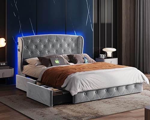 LINSY Queen Bed Frame with 4 Drawers, Velvet Upholstered Platform Bed with Button Tufted Headboard & Wingback, LED Lights, Type-C Chargers, No Need Box Spring, Light Grey