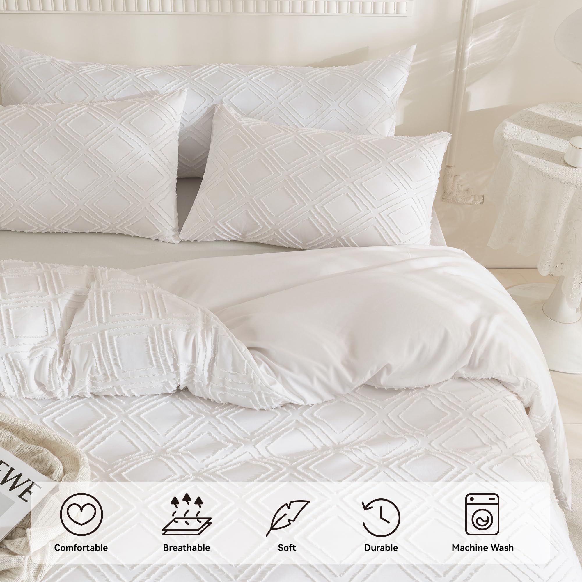 JELLYMONI Ultra-Soft Microfiber 3pc Tufted Duvet Cover Set, White Boho Textured Bedding Cover Jacquard Rhombus Geometric Pattern Reversible Comforter Cover with Zipper Closure & Corner Ties (Full)