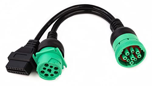 ARTECKIN Green Type 2 J1939 9pin Female to OBD2 and to J1939 Male Splitter Y Cable for Truck Freightliner GPS ELD Tracker