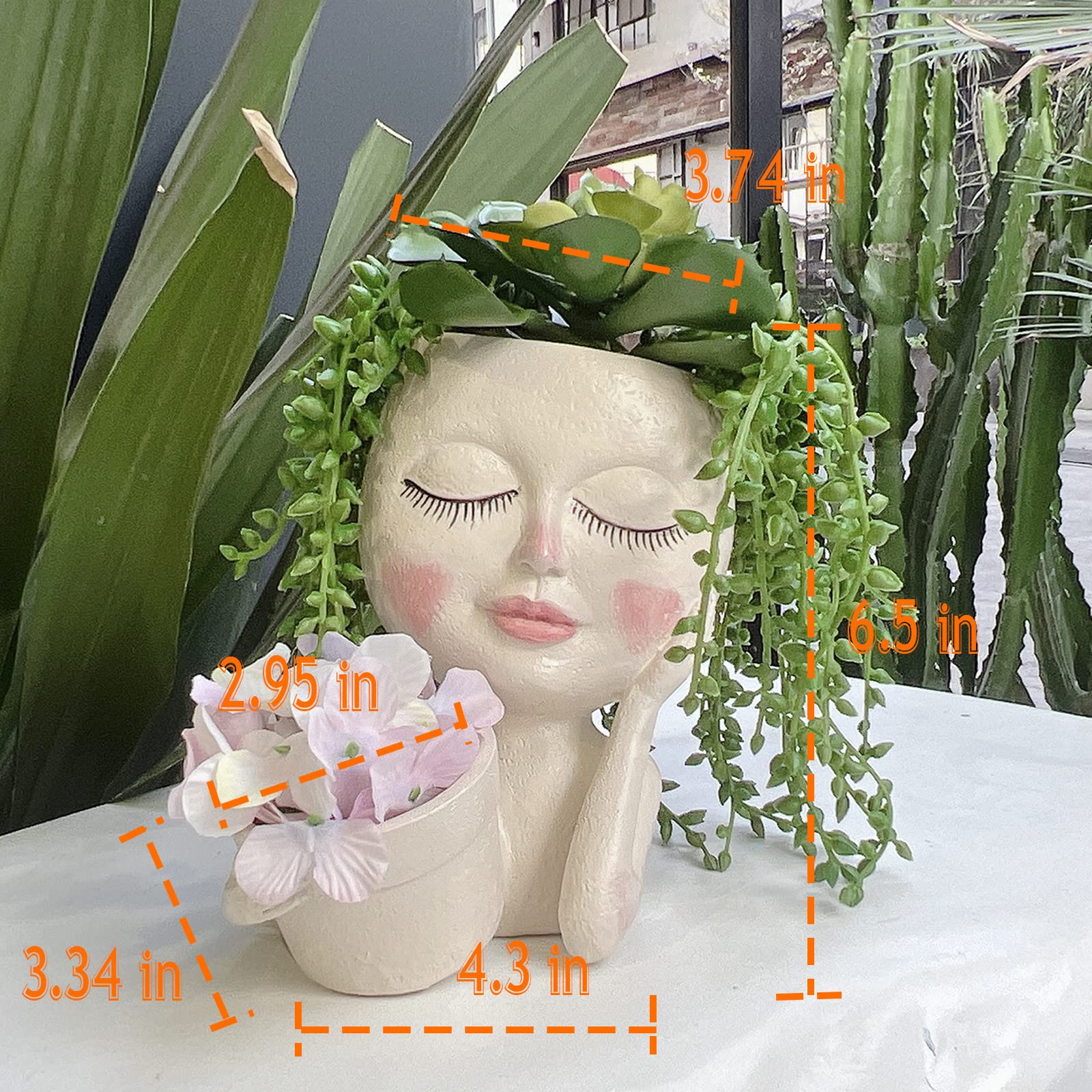 ASDFG Face Plant Pot - Double Flower Pots for Indoor Outdoor Plants Resin Head Planter with Drainage Hole Cute Lady Face Plant Pots, Garden Decoration Planters, Medium