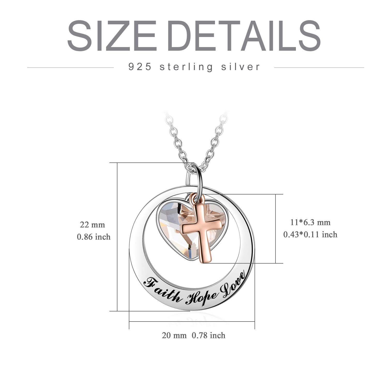 AOBOCO Two-Tone Sterling Silver and Rose Gold-Faith Hope Love Cross Charm Pendant Necklace with Austrian Crystal