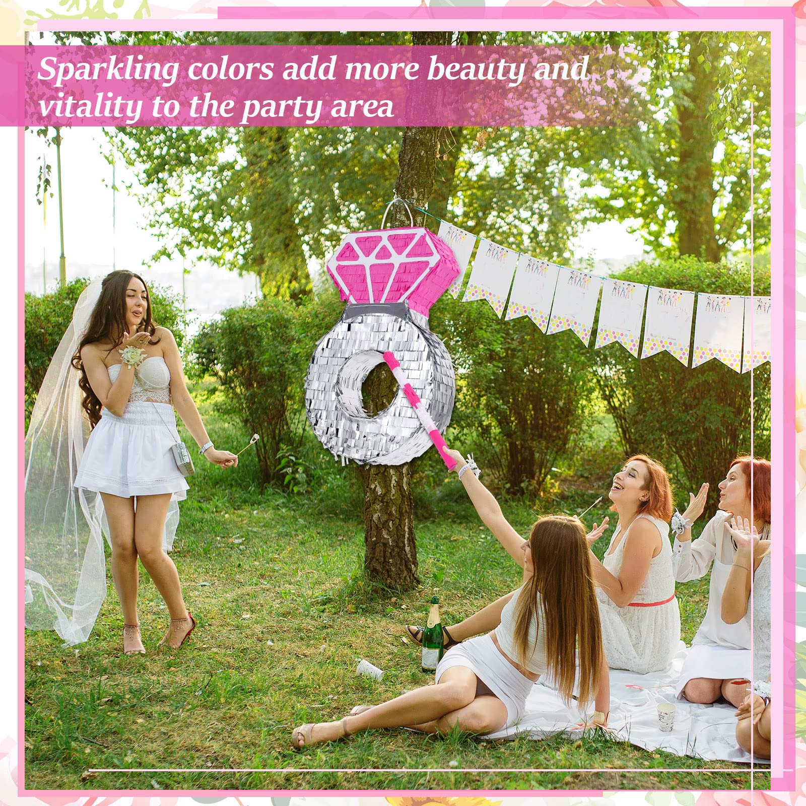 Diamond Ring Piñata for Engagement Princess Piñata Bridal Bachelorette Party Supplies Wedding Theme Decoration with Blindfold and Stick, 15 x 10 x 3 Inches(Pink)