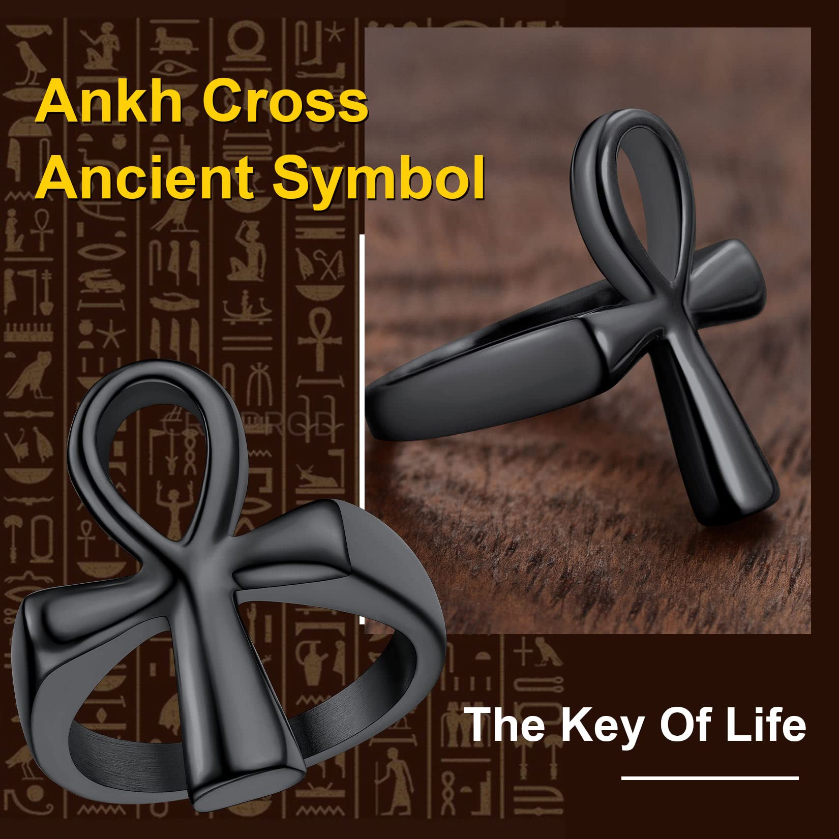 Black Stainless Steel Rings for Women Size 7 Protection Ring Ankh Cross Ring