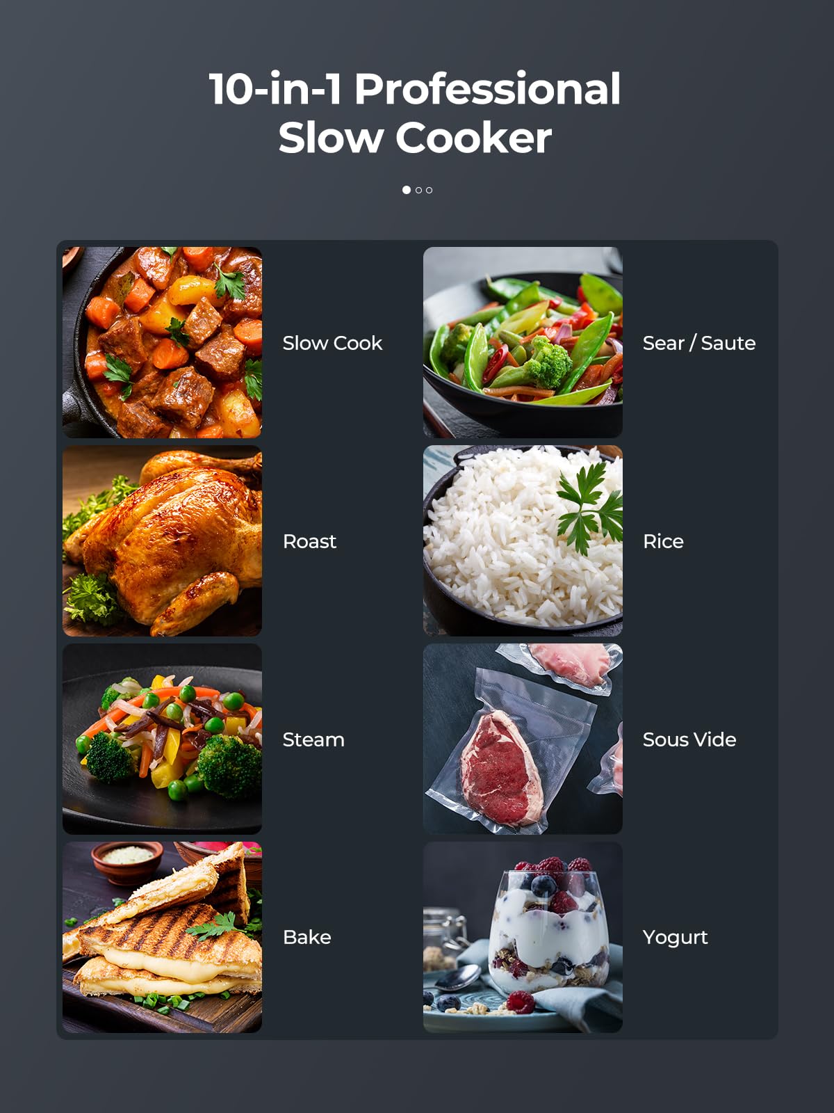 AMEGAT Slow Cooker 6 Quart, 10 in 1 Programmable Cooker, Rice Cooker, Sauté, Steamer & More, Stainless Steel Inner Pot, Steaming Rack & Glass Lid, Delay Start, Adjustable Temp & Time with LED Display