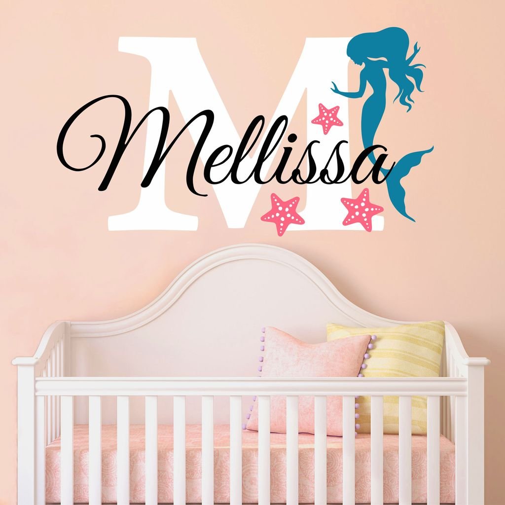Nursery Mermaid Personalized Custom Name and Initial Wall Decal Sticker 28" W by 16" H, Girl Name Wall Decal, Girls Name, Mermaids Wall Decor, Girls Decor, Girls Bedroom, Plus Free Hello Door Decal