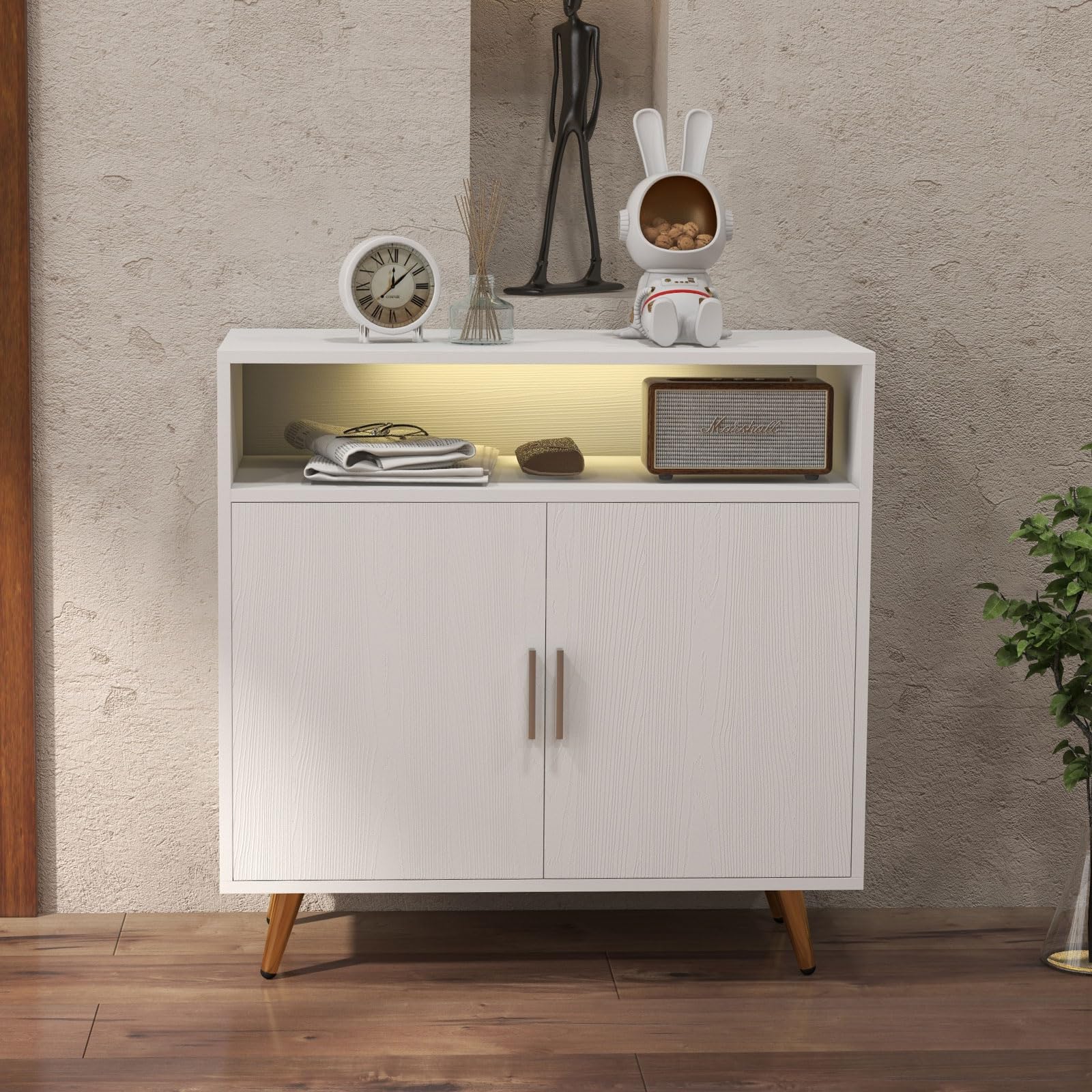 Bonzy Home 4-Tier Storage Cabinet with Sensor Light, Shoe Cabinet with Doors and Shelves for Hallway, Living Room, White