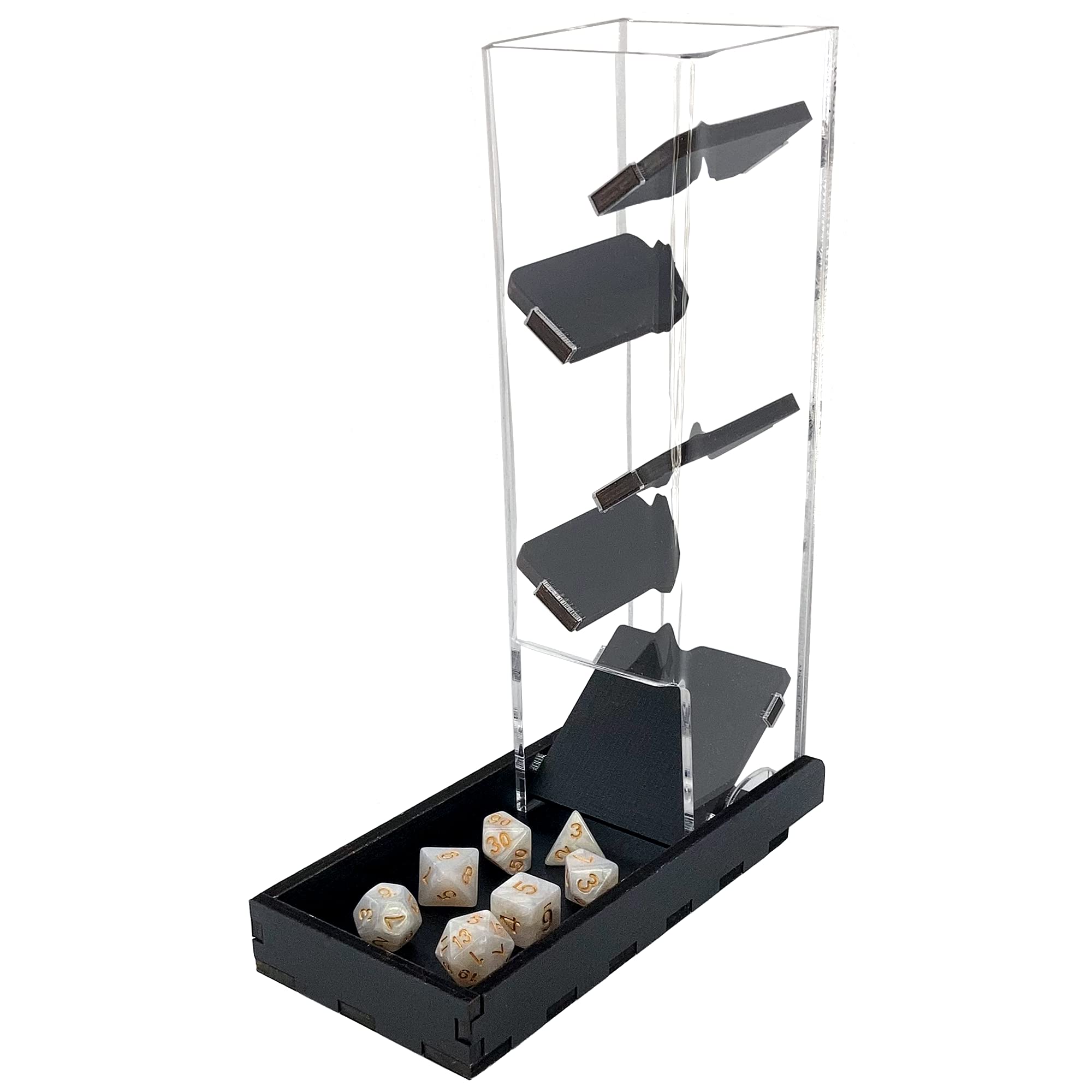 C4Labs Dice Tower & Tray | Clear with Wooden Paddles | Watch The Dice Decide (Black)
