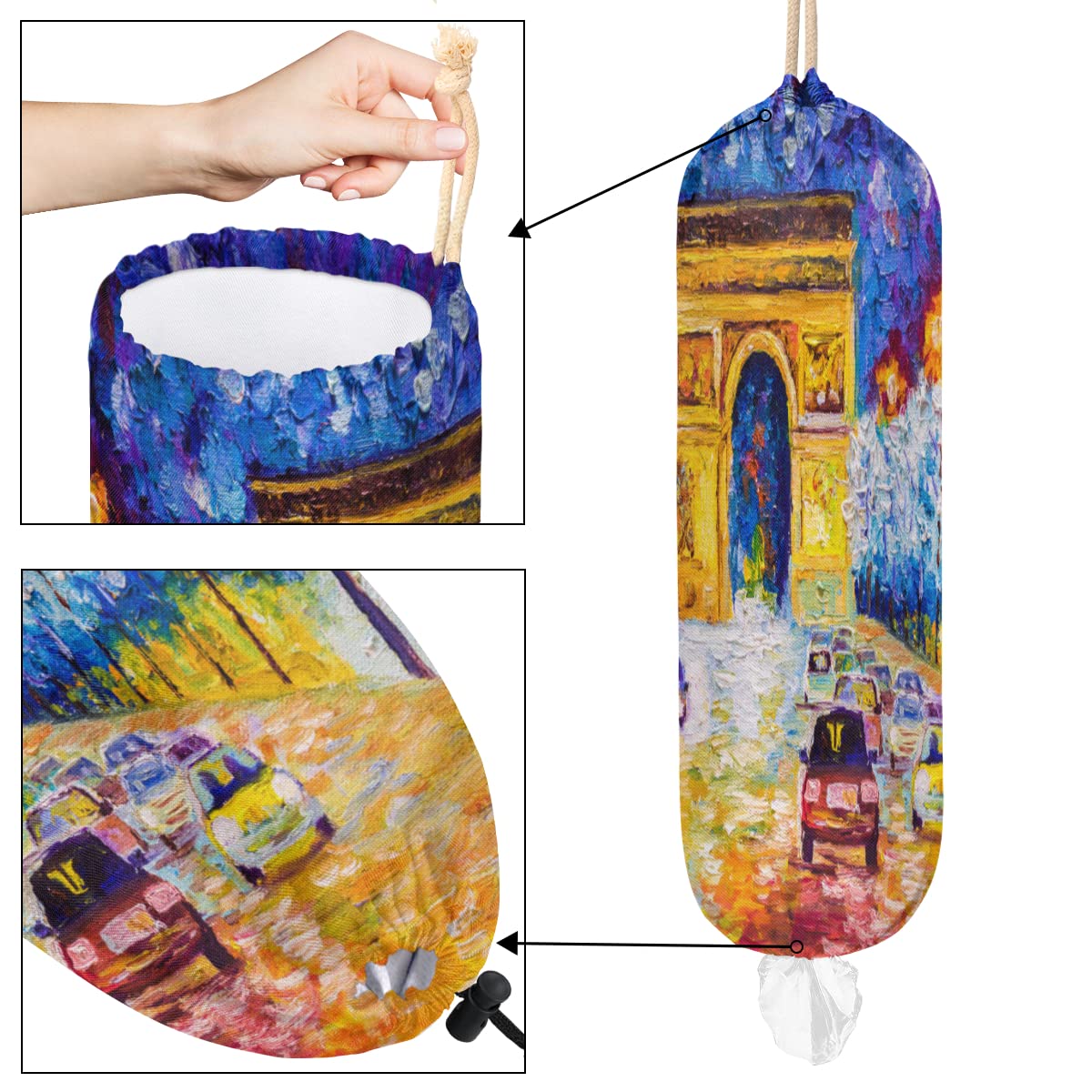 Arc De Triomphe Paris Plastic Bag Holder Wall Mount Grocery Bag Holder Reusable Trash Bag Organizer Washable Large Grocery Bag Storage Dispenser for Kitchen Pantry