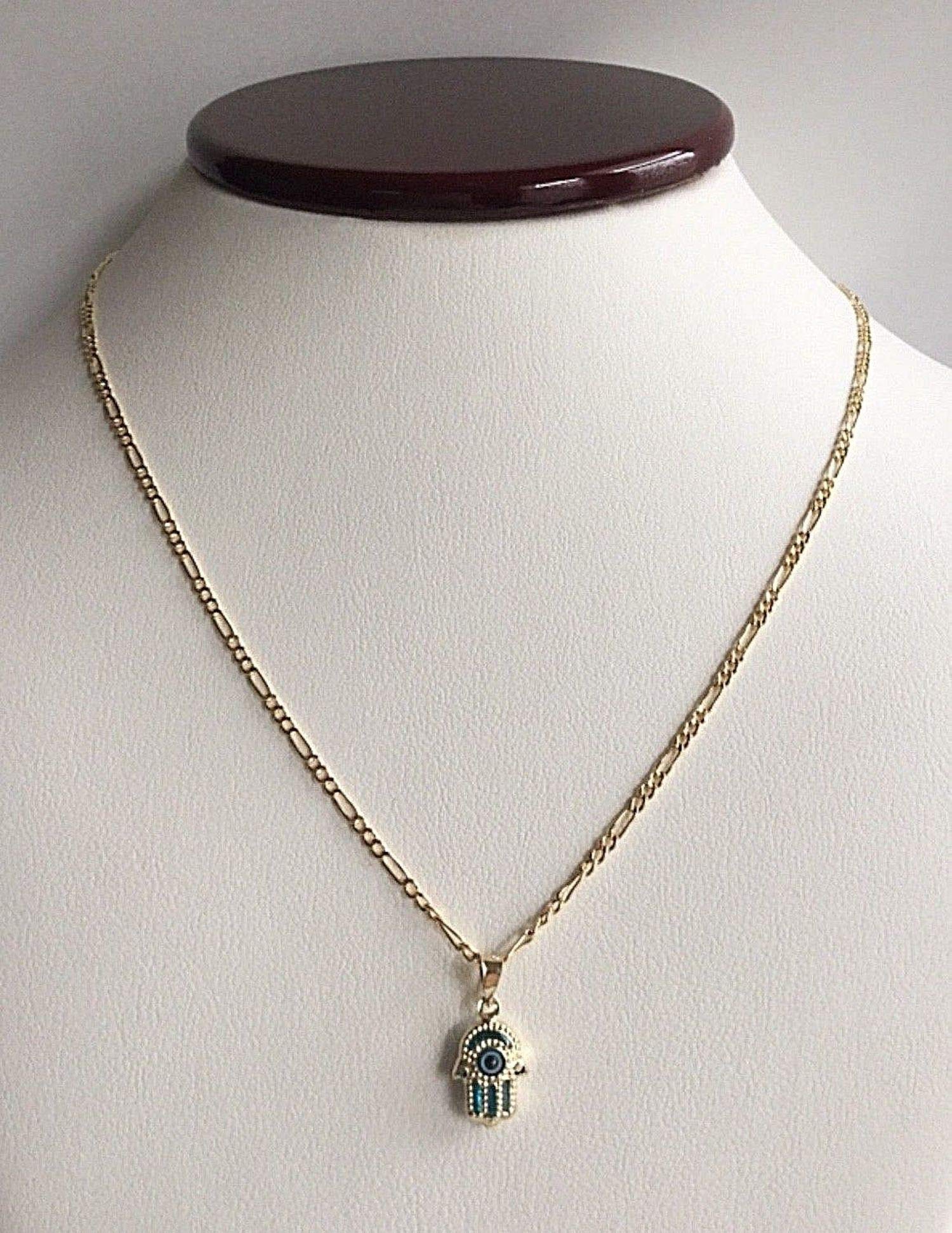 ALEX AND ELSA 14K REAL GOLD HAMSA BLUE EVIL EYE NECKLACE 18" LONG / 14K ORO PURO CADENA DE MANO Y OJO 18" LARGO