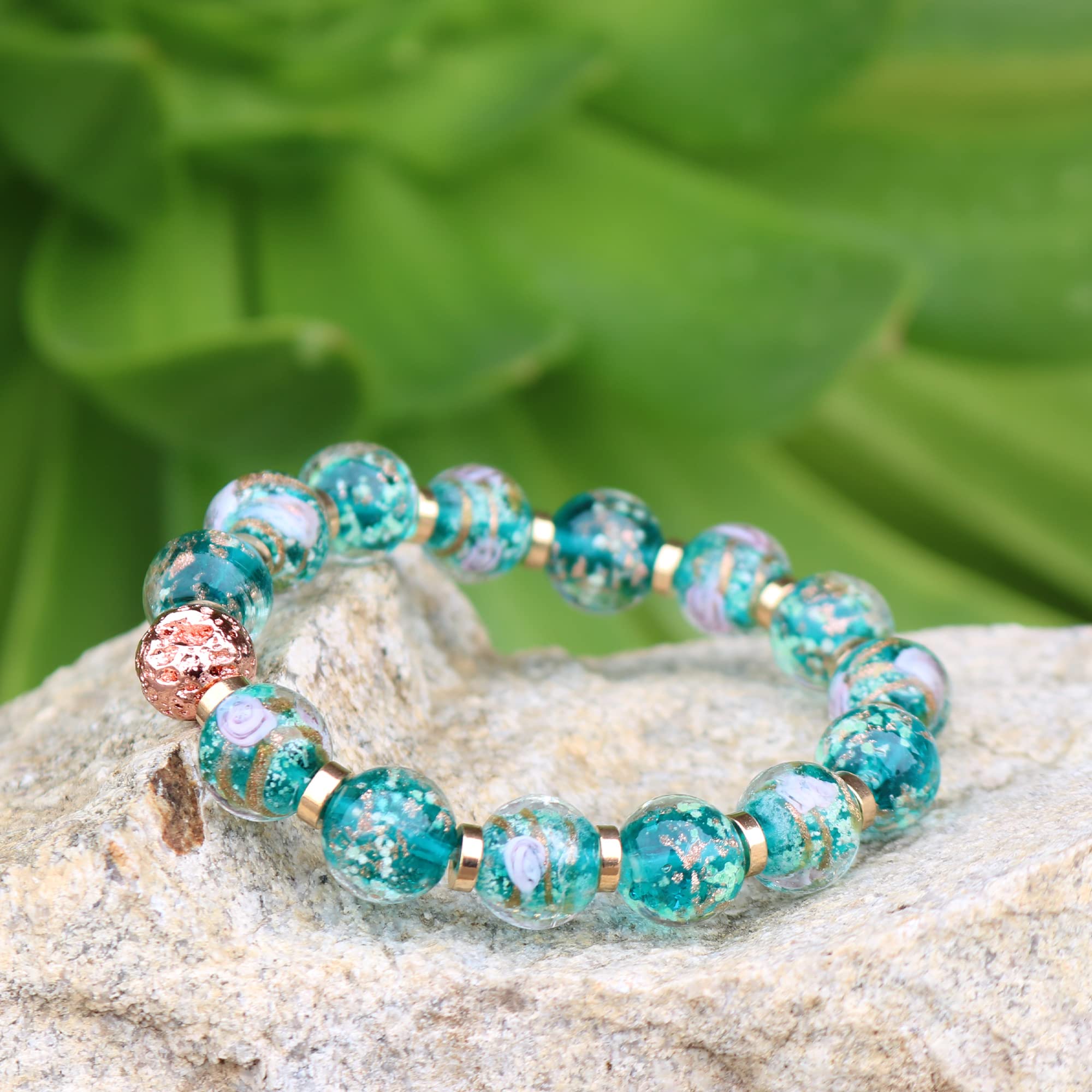 ARTSY Crafts Glow in The Dark Beads Bracelet, Ocean Blue Firefly Beads Stretch Bracelet, Luminous Murano Bead Healing Crystals Bracelets