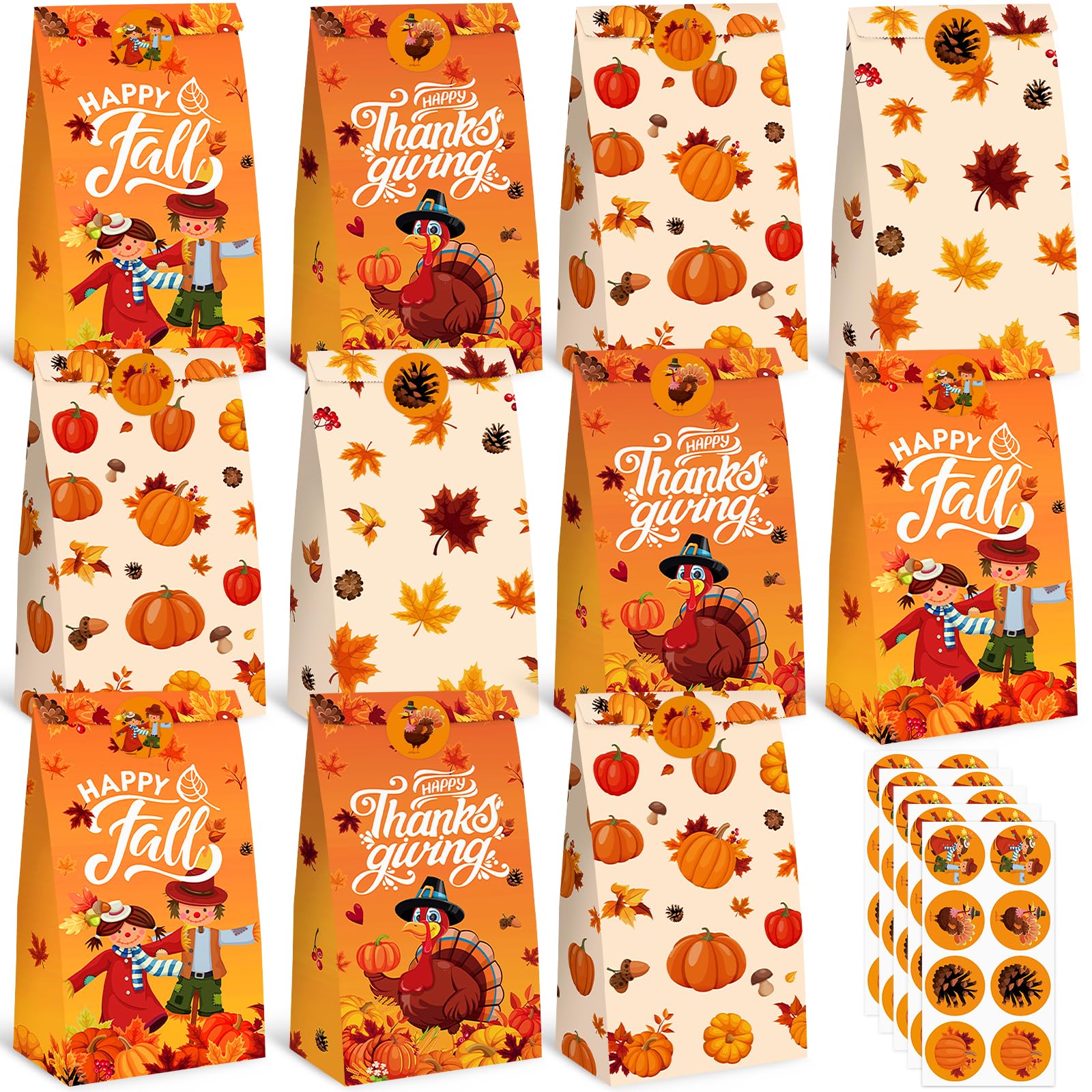 VGOODALL 36PCS Thanksgiving Treat Bags, Fall Leaves Gift Bag with Stickers Thanksgiving Gift Bags for Thanksgiving Fall Autumn Party Supplies