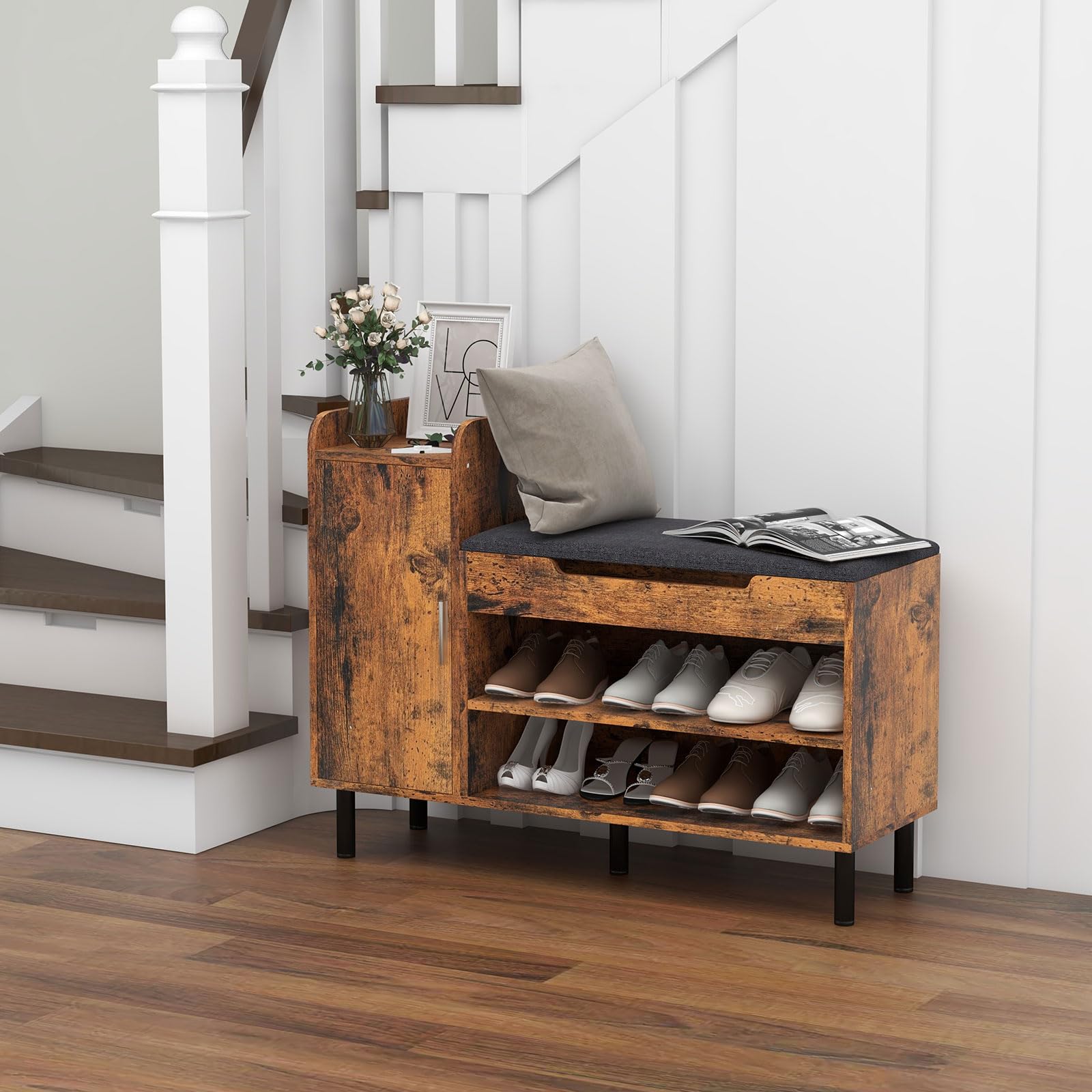 Bonzy Home Shoe Cabinet with Flip Top Storage, 2 Tiers Shoe Storage Bench with Cushion Seat for Entryway, Hallway, Bedroom, Rustic Brown