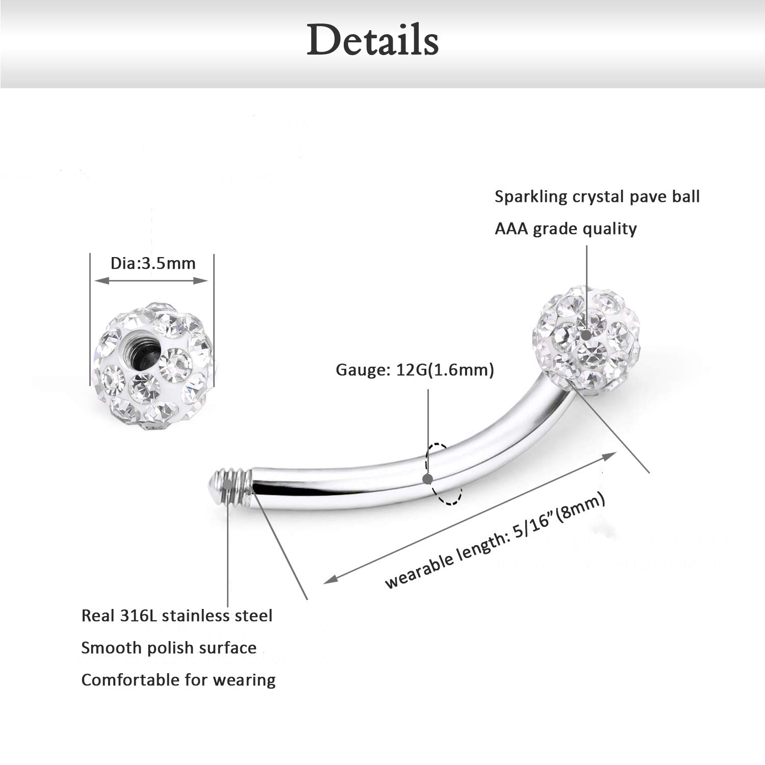 AVYRING 16G 8mm Daith Rook Earrings Stainless Steel with Crystal Ball Cartilage Helix Piercing Rings Septum Rings Eyebrow Jewelry Silver