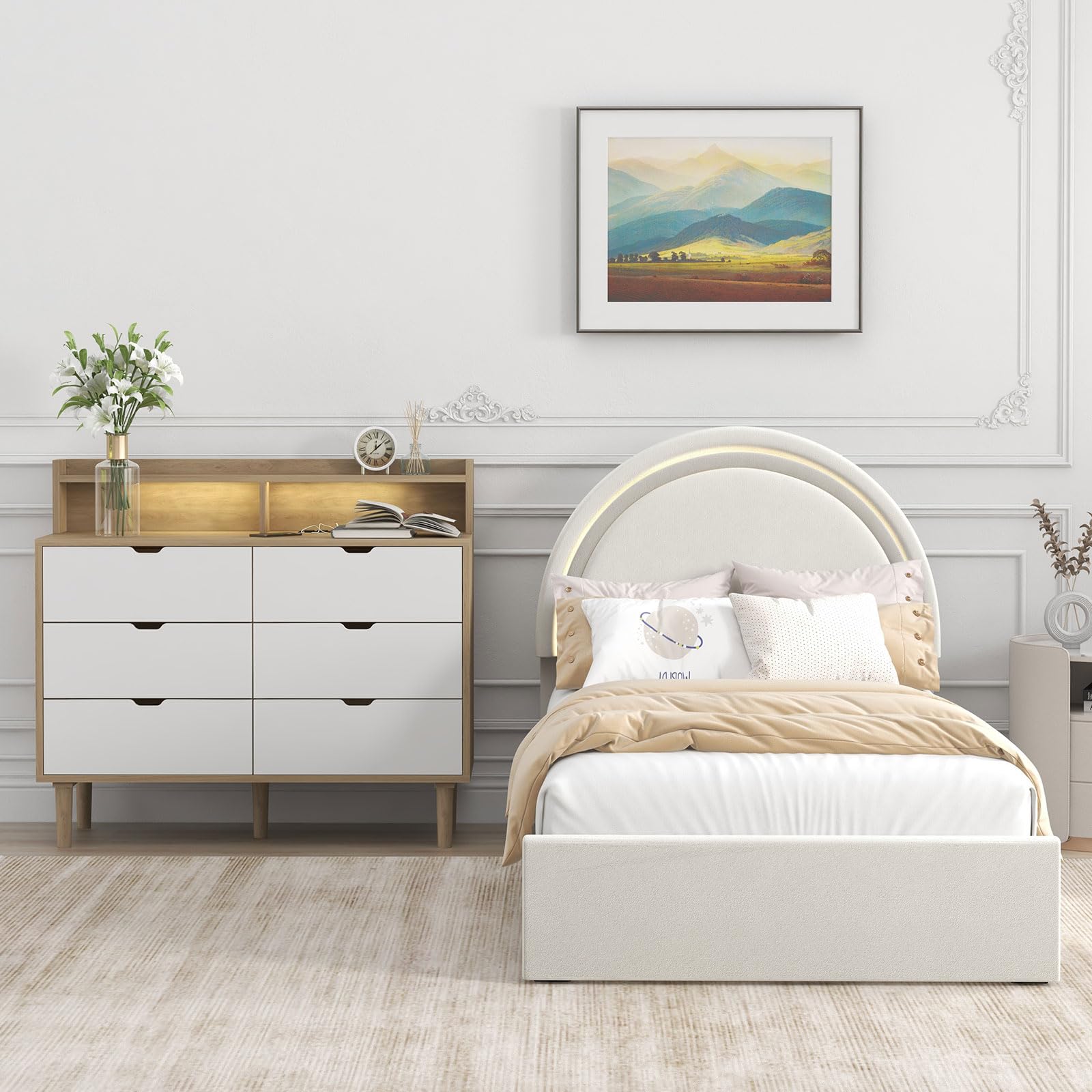 Bonzy Home Twin Size Bed Frame with LED Round Headboard, Princess Platform Bed Frame with 4 Storage Drawers, Girls Twin Bed Frame with Lights, Slats Support, No Box Spring Needed