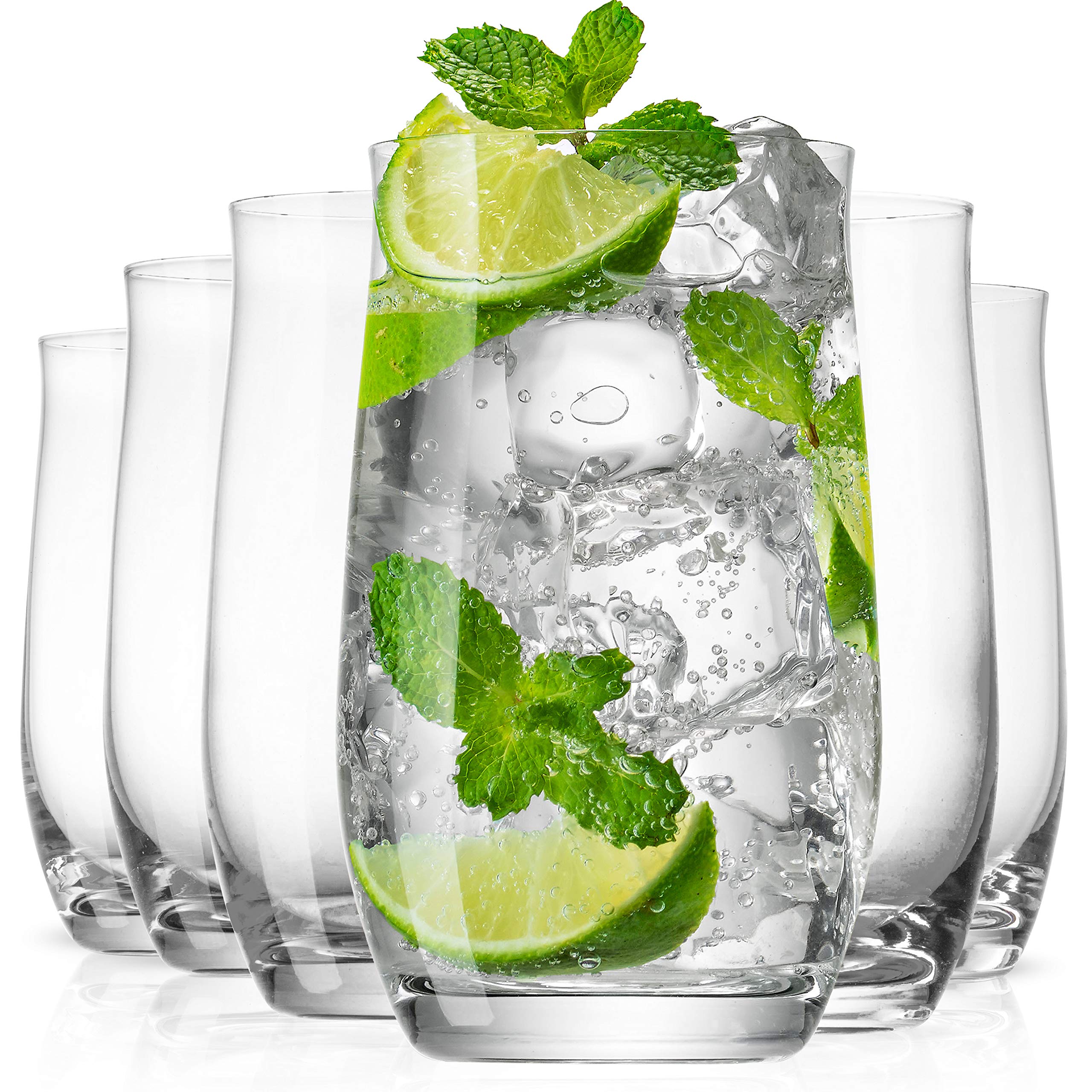 BENETI Exquisite Highball Drinking Glasses [Set of 6] Curved Clear Water Glasses with Heavy Weighted Base, Tall Cocktail Glasses, Beer Glasses, Tumbler Glasses, Glass Cups for Fresh Juice (14 Ounces)
