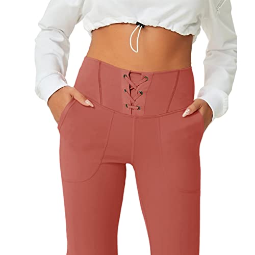 Aurgelmir Women's High Waisted Flare Bootcut Pants Split Hem Wide Leg Athletic Running Yoga Leggings with Pockets Pink