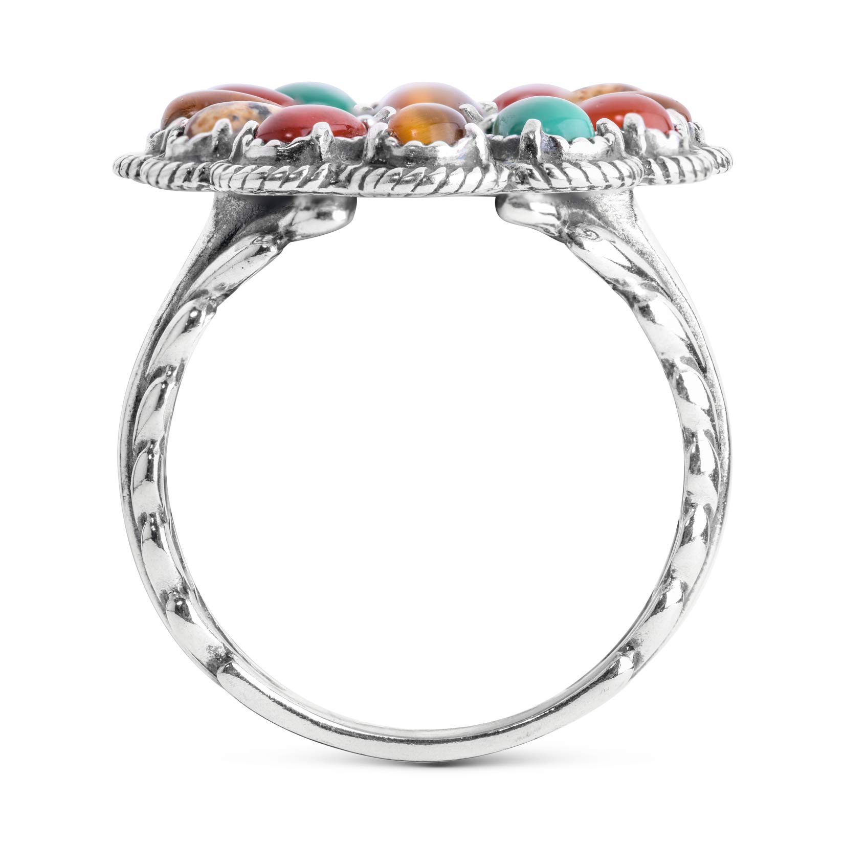 American West Sterling Silver Tiger Eye, Jasper and Carnelian Gemstone Cluster Design Ring Size 8