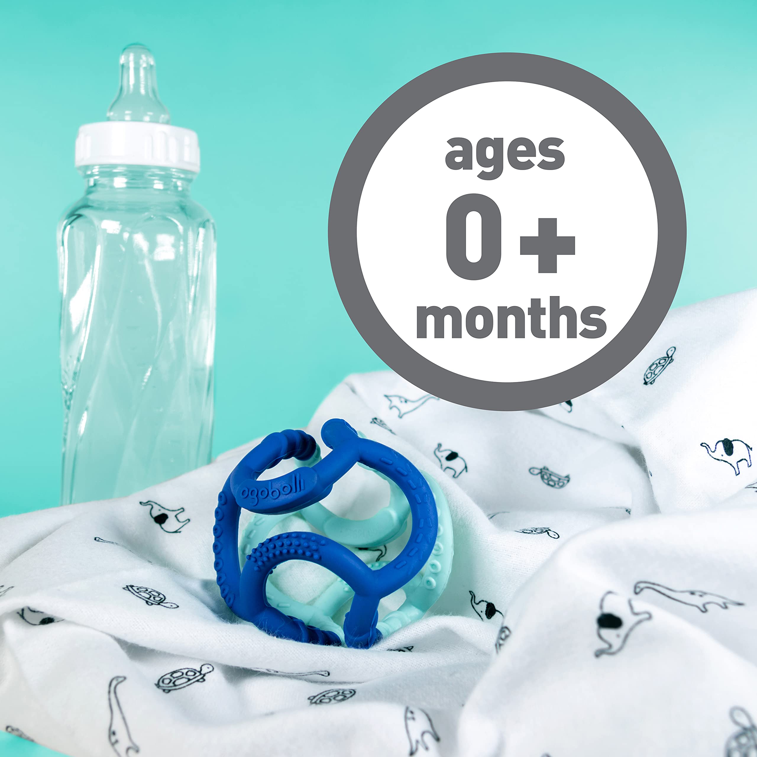 OgoBolli Gummi Teething Ring Textured Sensory Ball Toy for Babies & Toddlers - Stretchy, Soft Non-Toxic Silicone - Age 6+ Months - Blue Blueberry