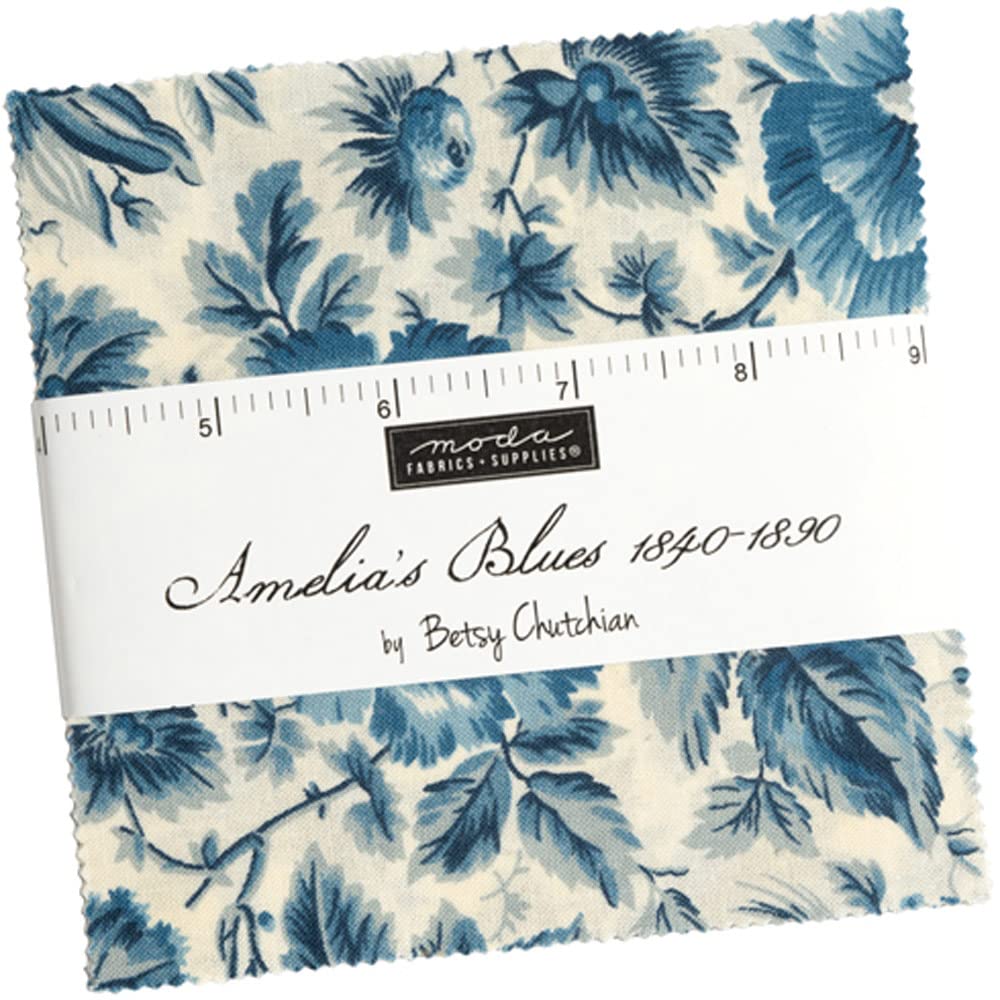 Amelia's Blues Charm Pack by Betsy Chutchian; 42-5 Inch Precut Fabric Quilt Squares