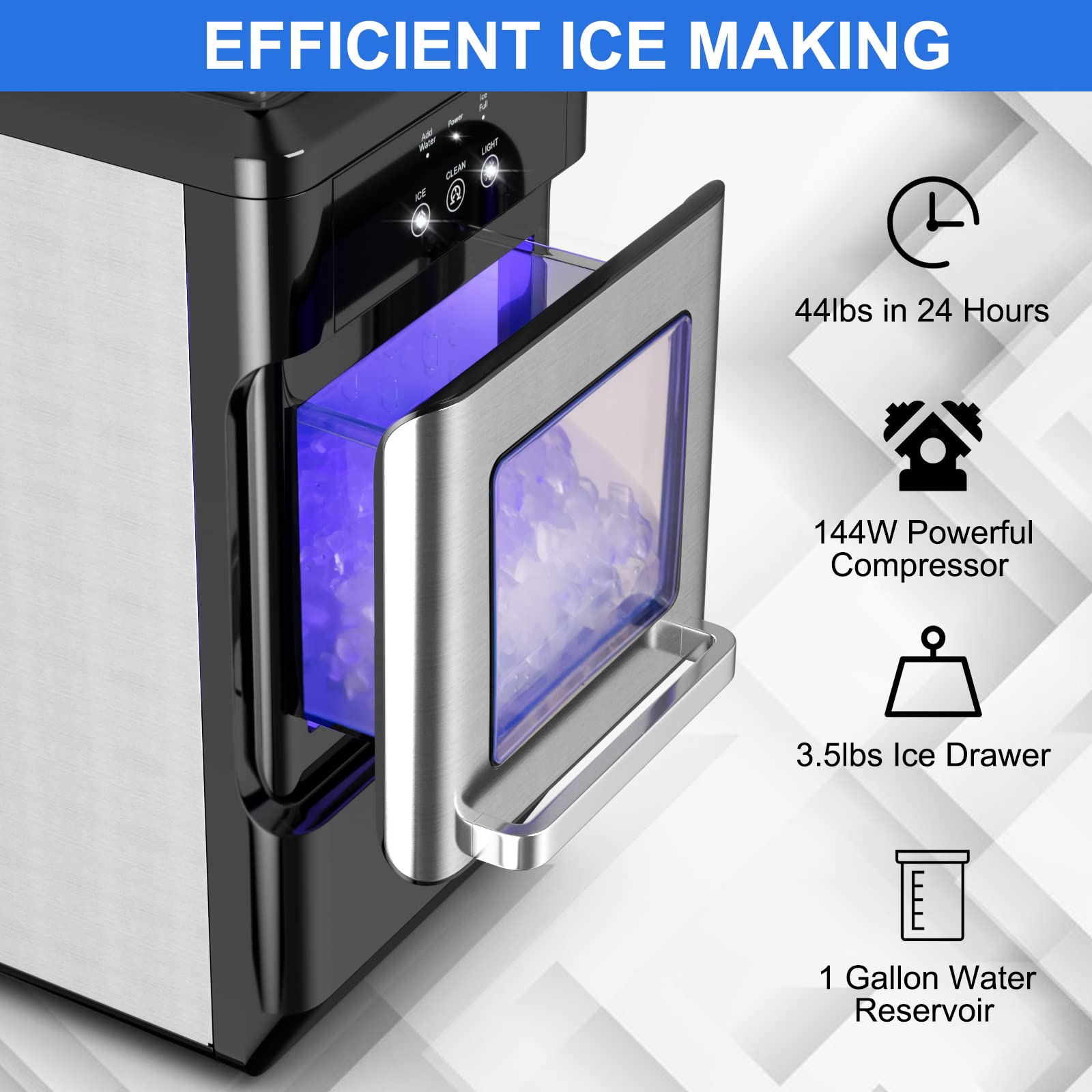 ARLIME Nugget Ice Maker Machine Countertop, Sonic Ice Maker Self-Cleaning 44lbs/24H, 4.8lb Ice Bin & Scoop, Intelligent Control Panel, Portable Ice Makers for Kitchens, Offices, Home