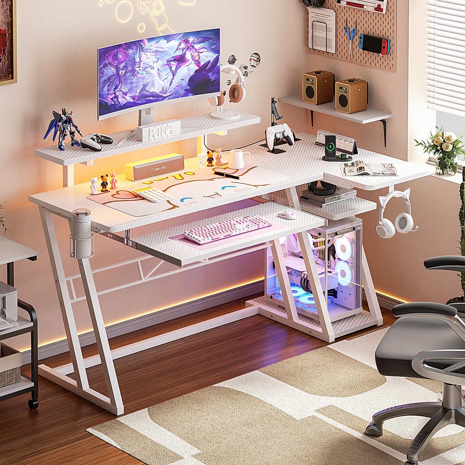armocity L Shaped Gaming Desk with LED Lights and Outlets, White PC Gaming Desk with Monitor Stand and Shelves, Reversible Gaming Computer Desk with Keyboard Tray & Z-Shape Legs, 47"