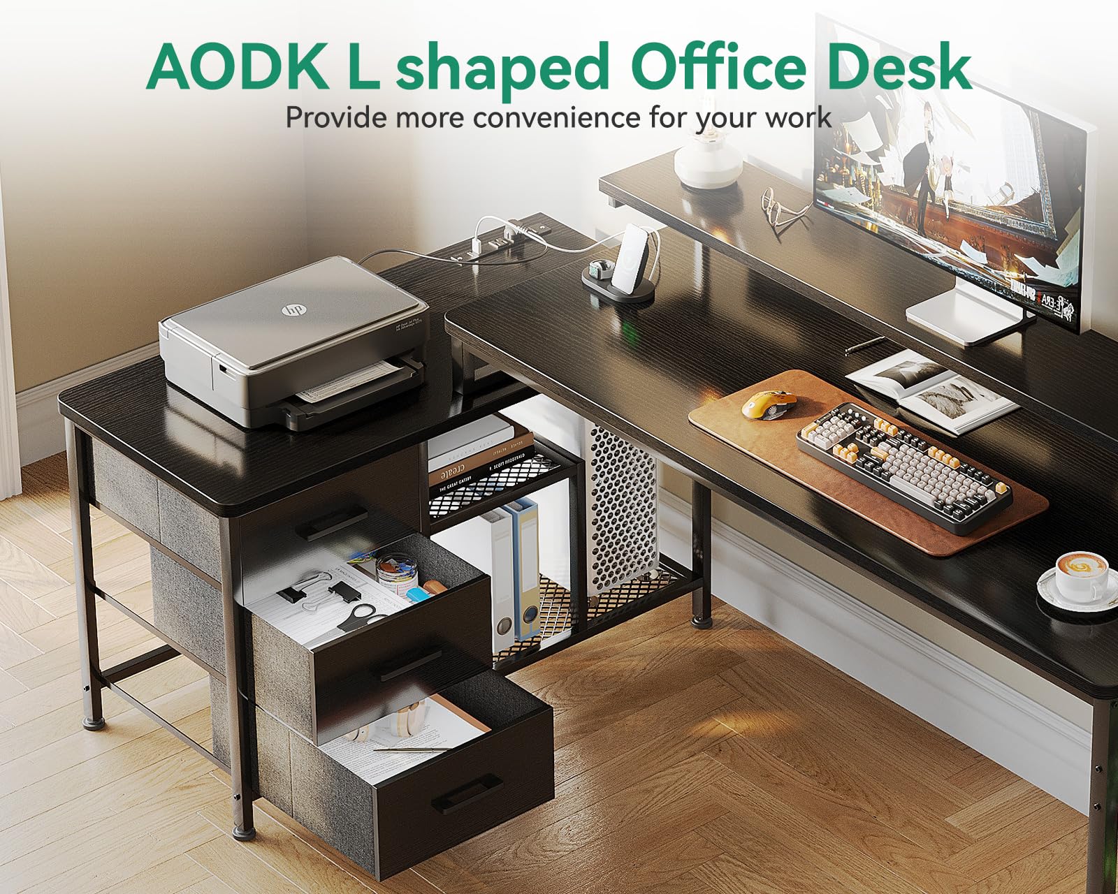 AODK 70 Inch L Shaped Computer Desk with Power Outlets & USB Charging Ports, Reversible L-Shaped Corner Desk with Drawers & Monitor Stand, Home Office Workstation with Storage Cabinet, Rustic Brown