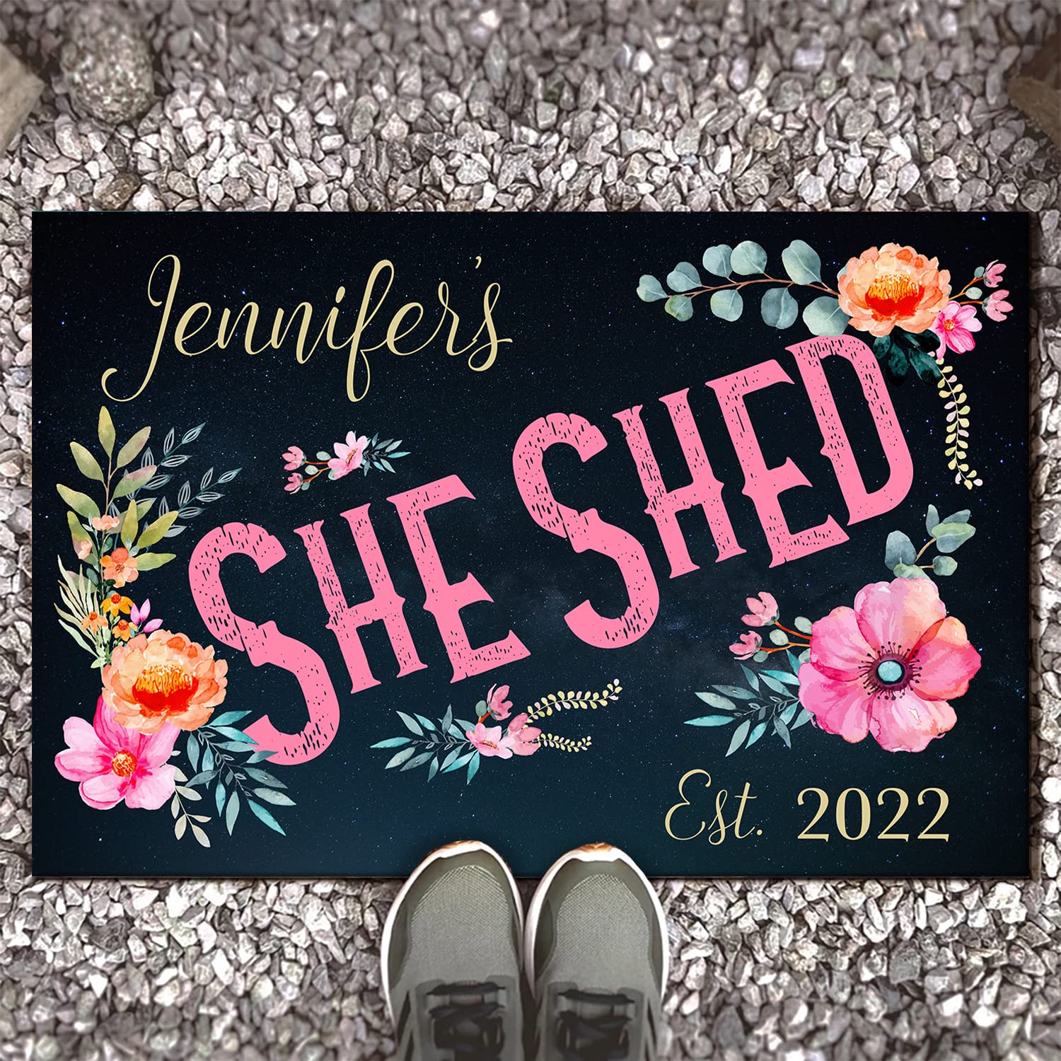 Personalized Planet She Shed Doormat - Custom Name Door Mat, Floral Bouquet Custom Woman's She Shed Entrance, Floral Door Rug, Non-Slip Decorative Gift Home Rugs, She Shed Gift, Cute She Shed Decor