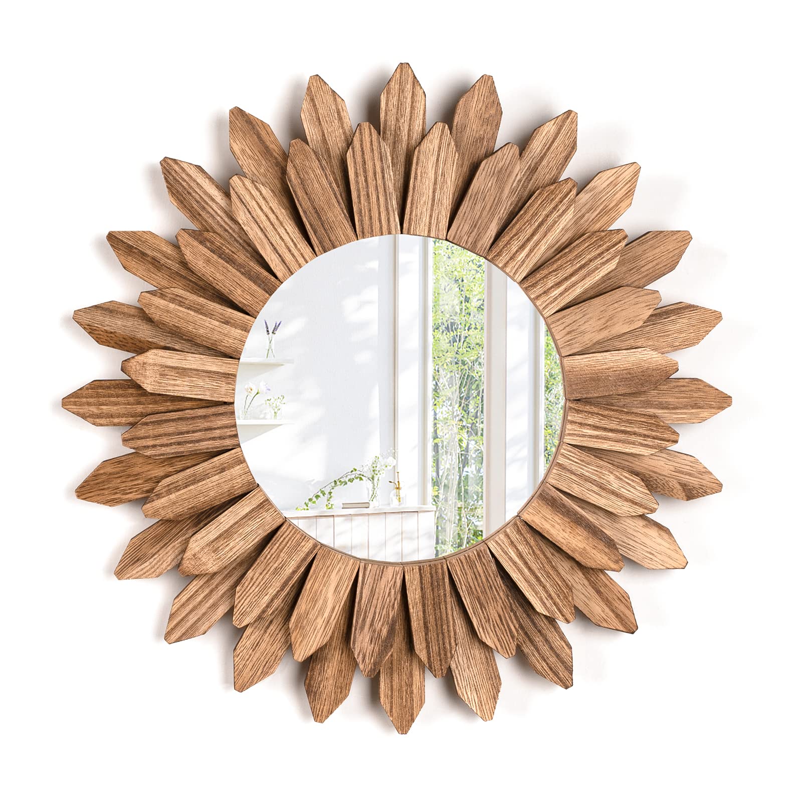 Emfogo Wall Mirror 12 inch Rustic Wood Farmhouse Mirror Sunburst Boho Mirror Wall Decor Room Decor Home Decor for Bedroom Living Room Entryway (Carbonized Black)