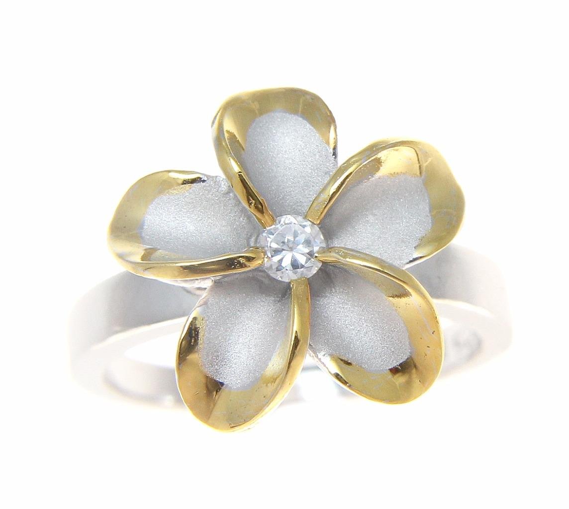 Arthur's Jewelry Sterling silver 925 Hawaiian plumeria flower cz ring 15mm rhodium and yellow gold plated 2 tone size 8.5
