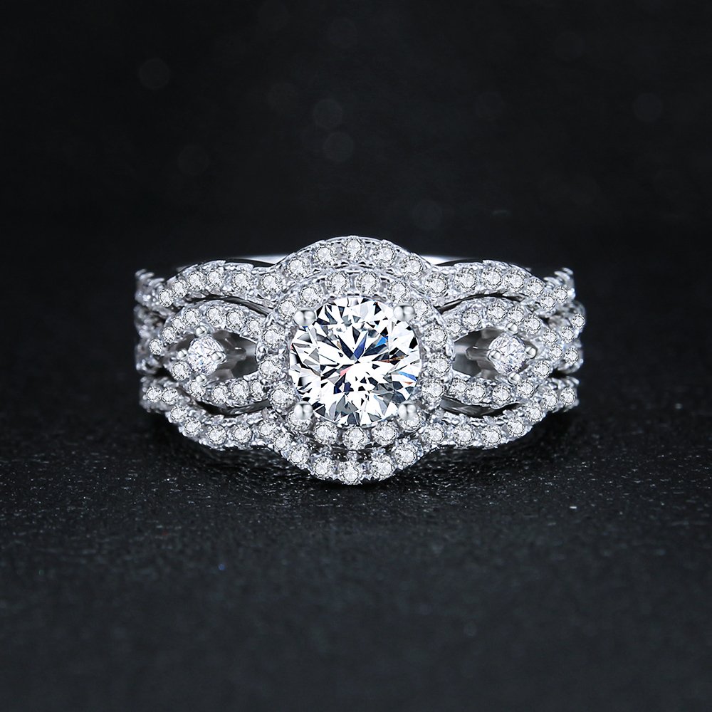 AOEDEJ 3 Piece Round Cut Halo CZ Ring 925 Sterling Silver Anniversary Wedding Band Engagement Ring Bridal Set (8)